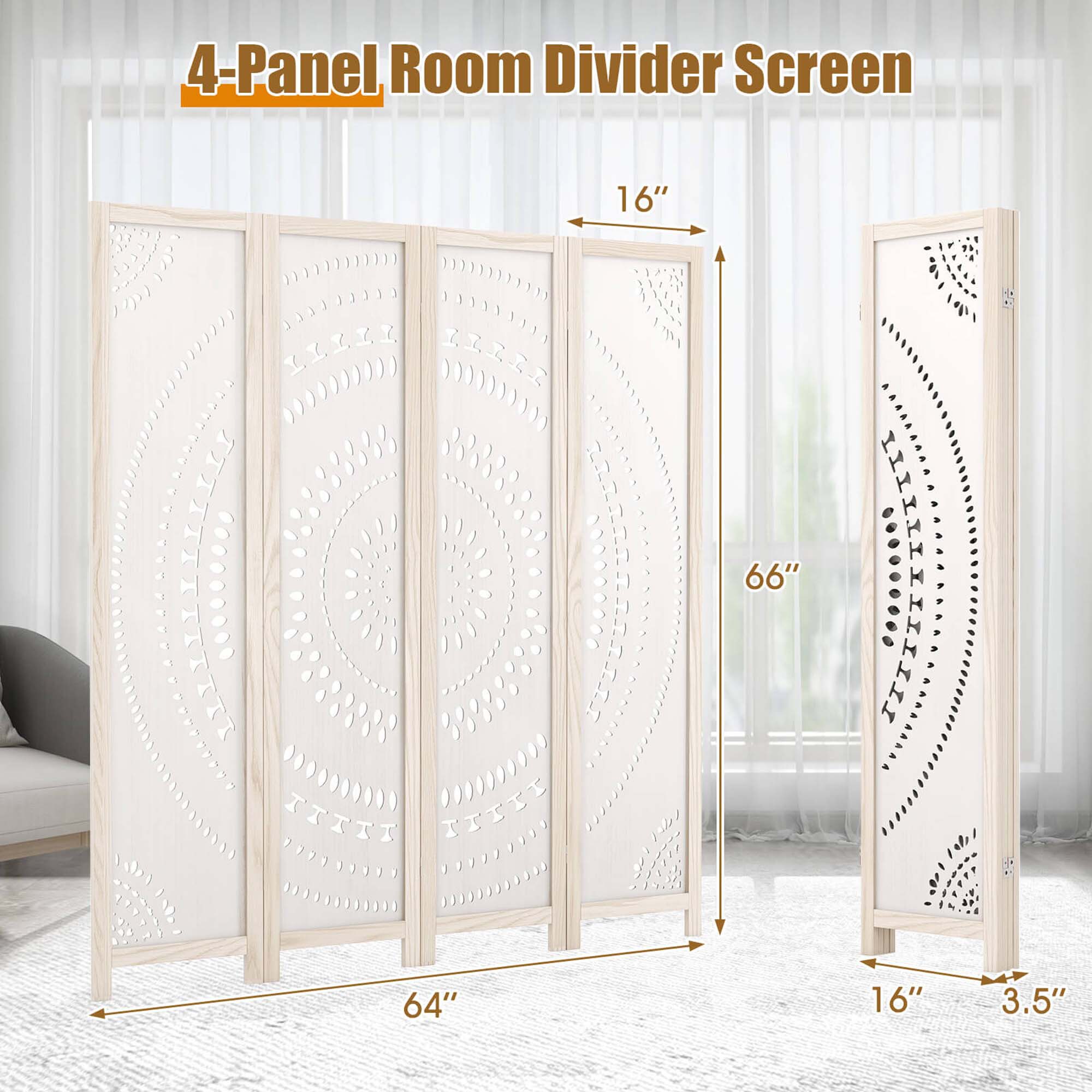 Costway 4 -Panel White Wood Folding Contemporary/Modern Style Room ...