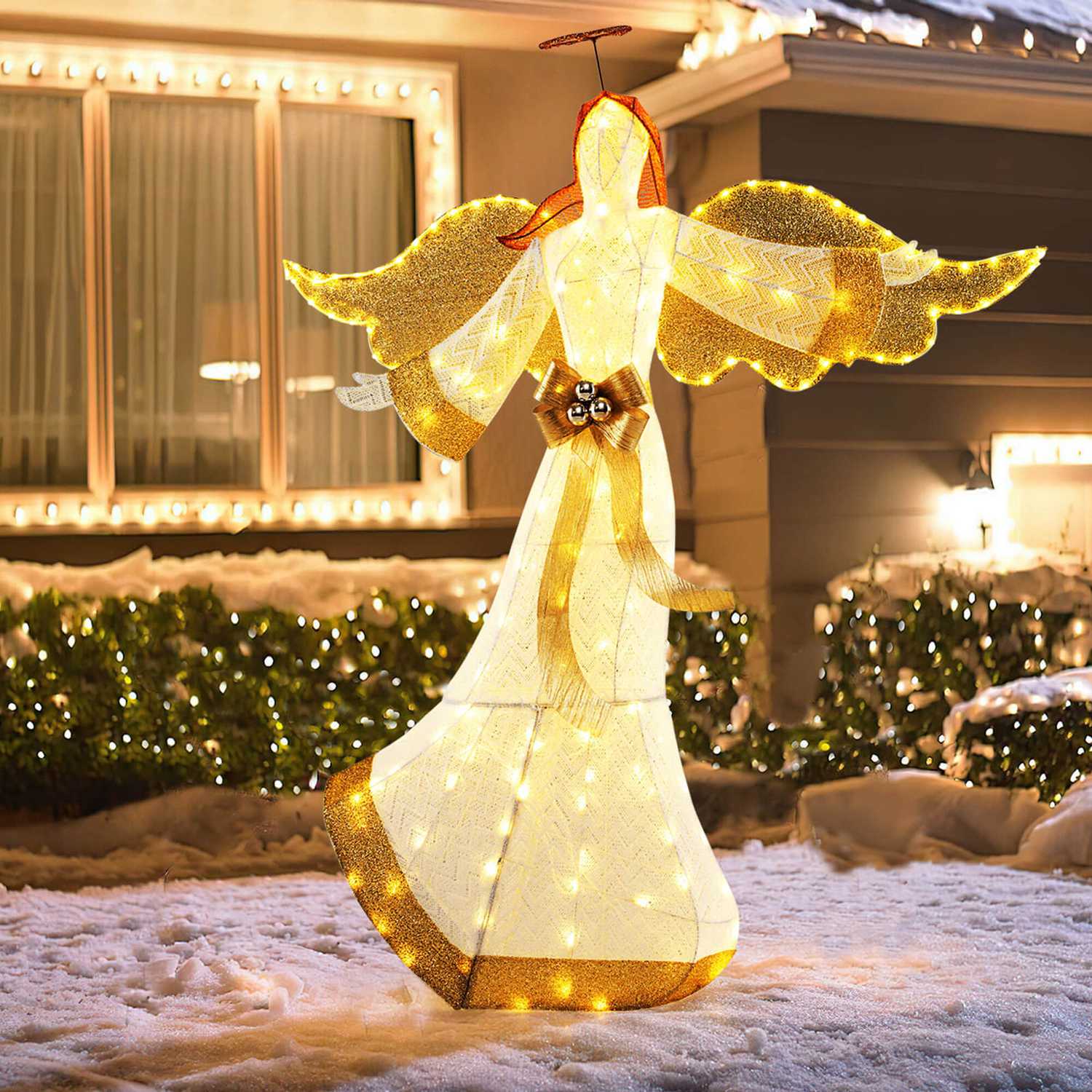 Costway 5.2 FT Lighted Angel with Halo and Bow Zip Ties and Ground ...