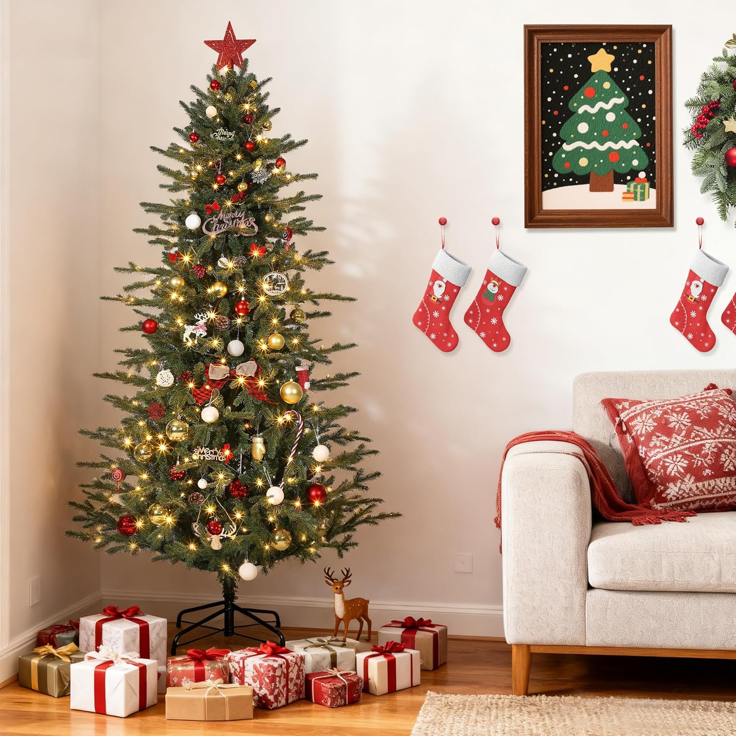 Garvee 5FT Pre-Lit Christmas Tree with 350 LED Lights PE and PVC Hinged ...