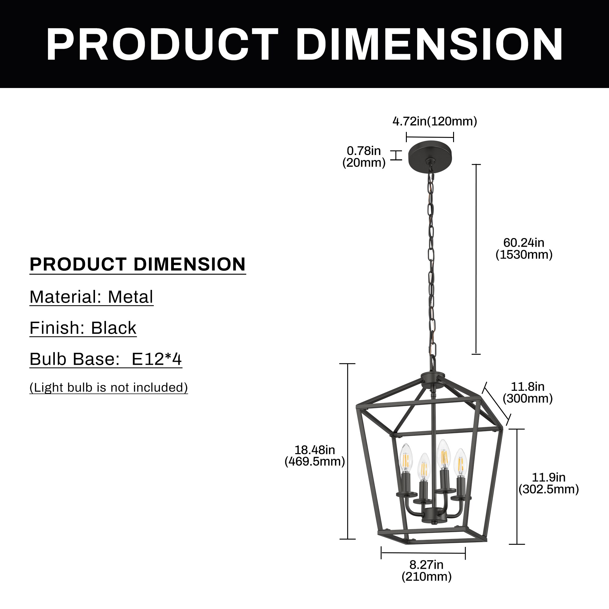 DORESshop 8.27 in. 4 Light Black Geometric Open Cage Pendant Light ...