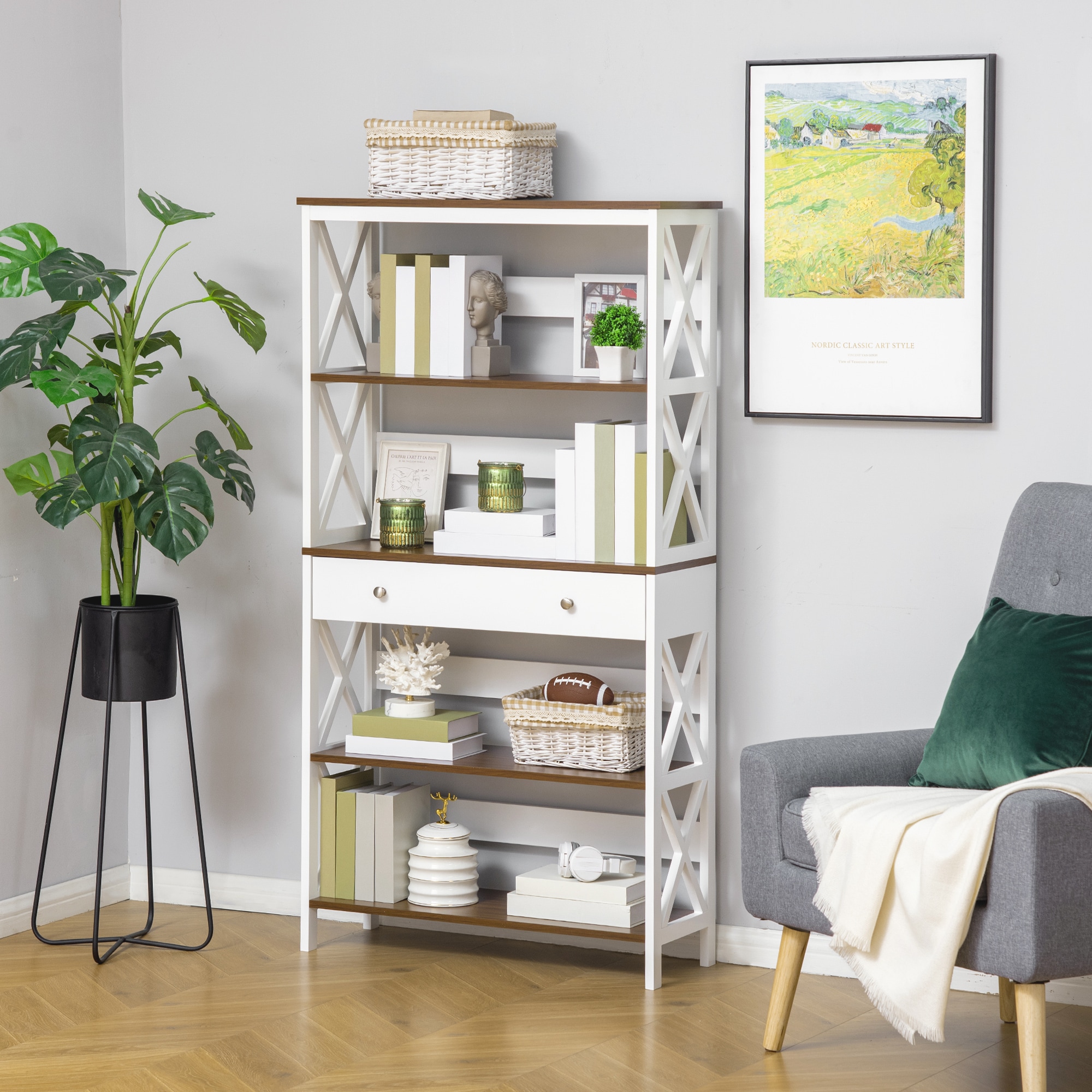 HomCom 4-Tier Shelving Bookcase Storage Cupboard with Pull Out Drawer ...