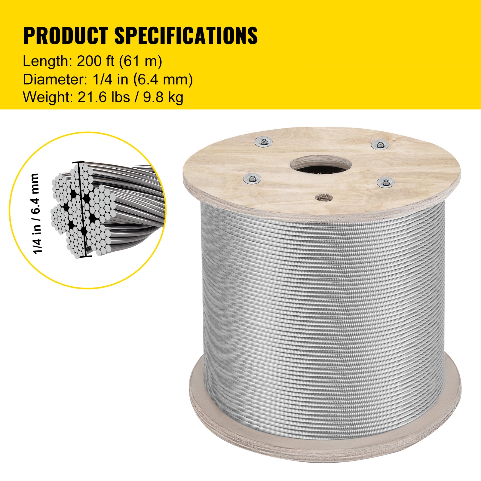 GIVIMO Stainless Steel Cable 1/4-in x 200-ft - T304 7x19 Aircraft Wire ...