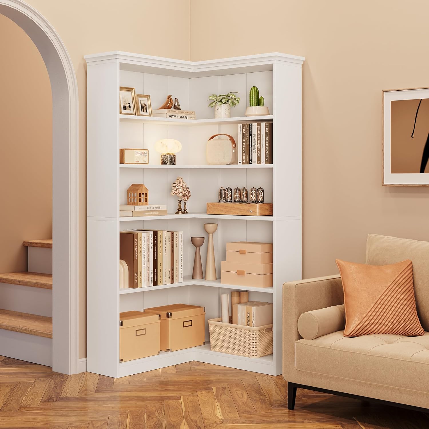 GAOMON 72.8 in Farmhouse Corner Bookshelf L-Shaped 5-Tier Wooden ...