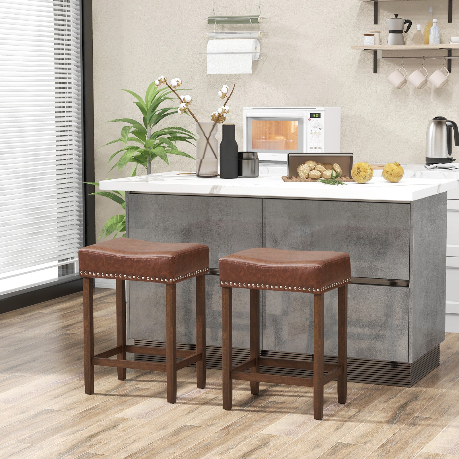 Slickblue Set of 2 Bar Stools with Saddle-Shaped PU Leather Seats 24 ...