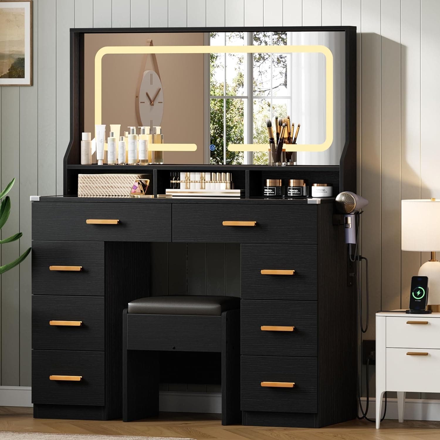 Garvee Vanity Desk with Mirror and Lights Makeup Table with Glass Top 8 ...