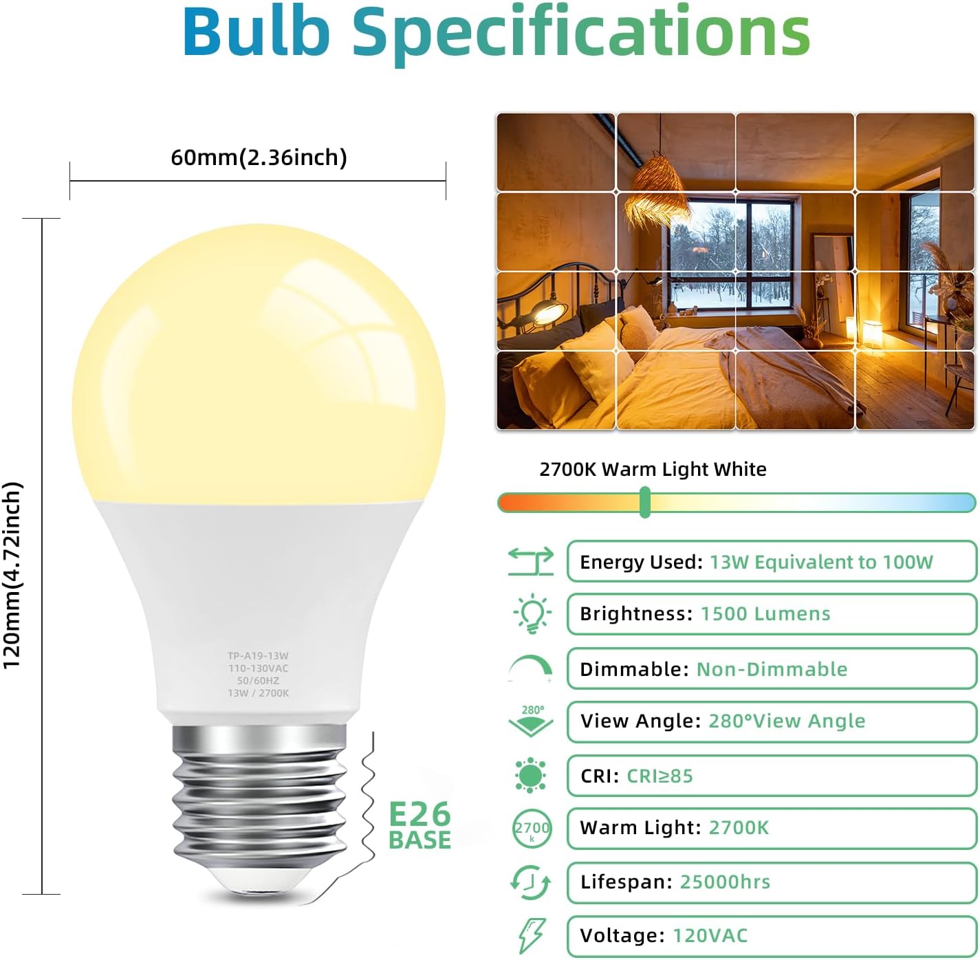 BIGHOUSE 36 Pack A19 LED Light Bulbs 100 Watt Equivalent 2700K Warm ...