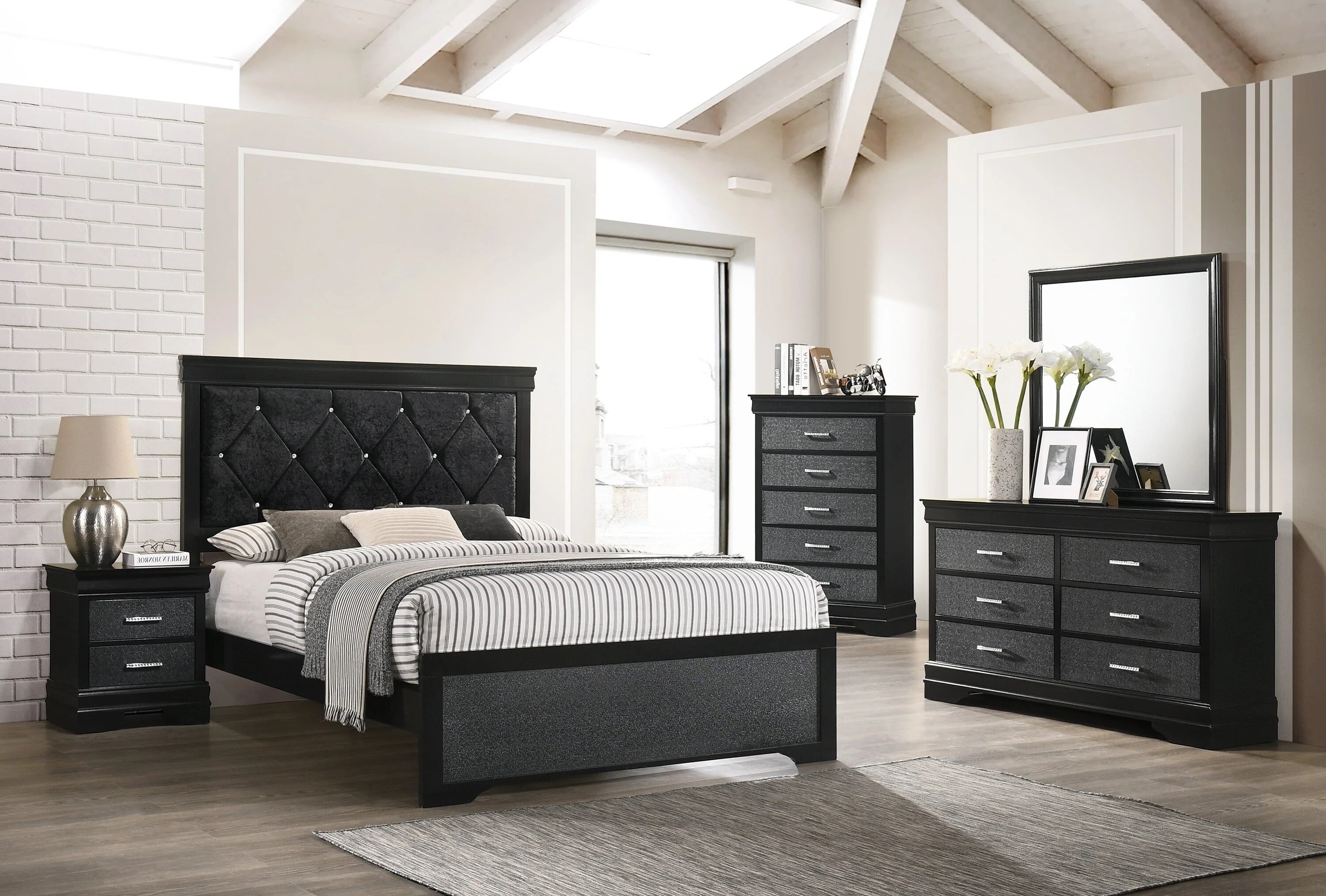 LOVMOR 5-Drawer Tall Chest Modern 1pc Black Finish Solid Wood Wooden ...