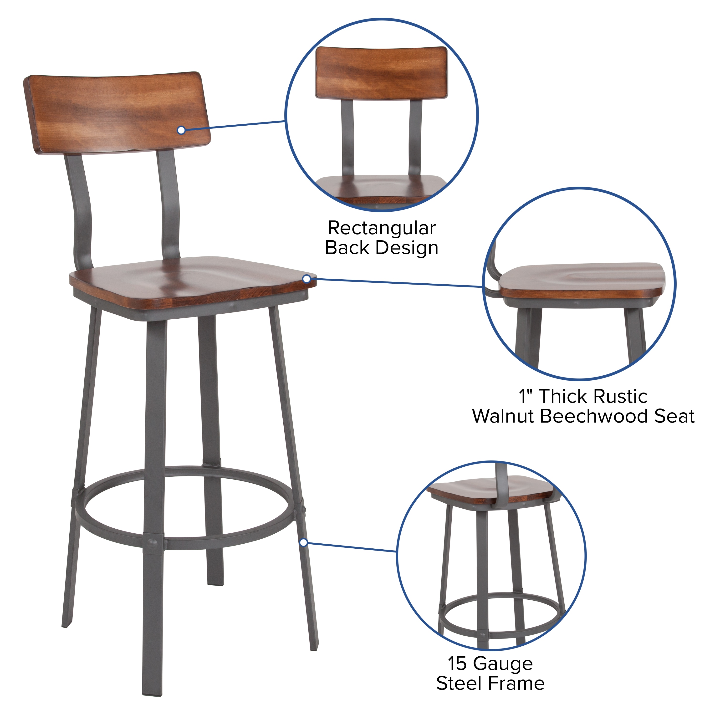 Emma + Oliver Rustic Walnut Dining Barstool with Wood Back/Seat and ...