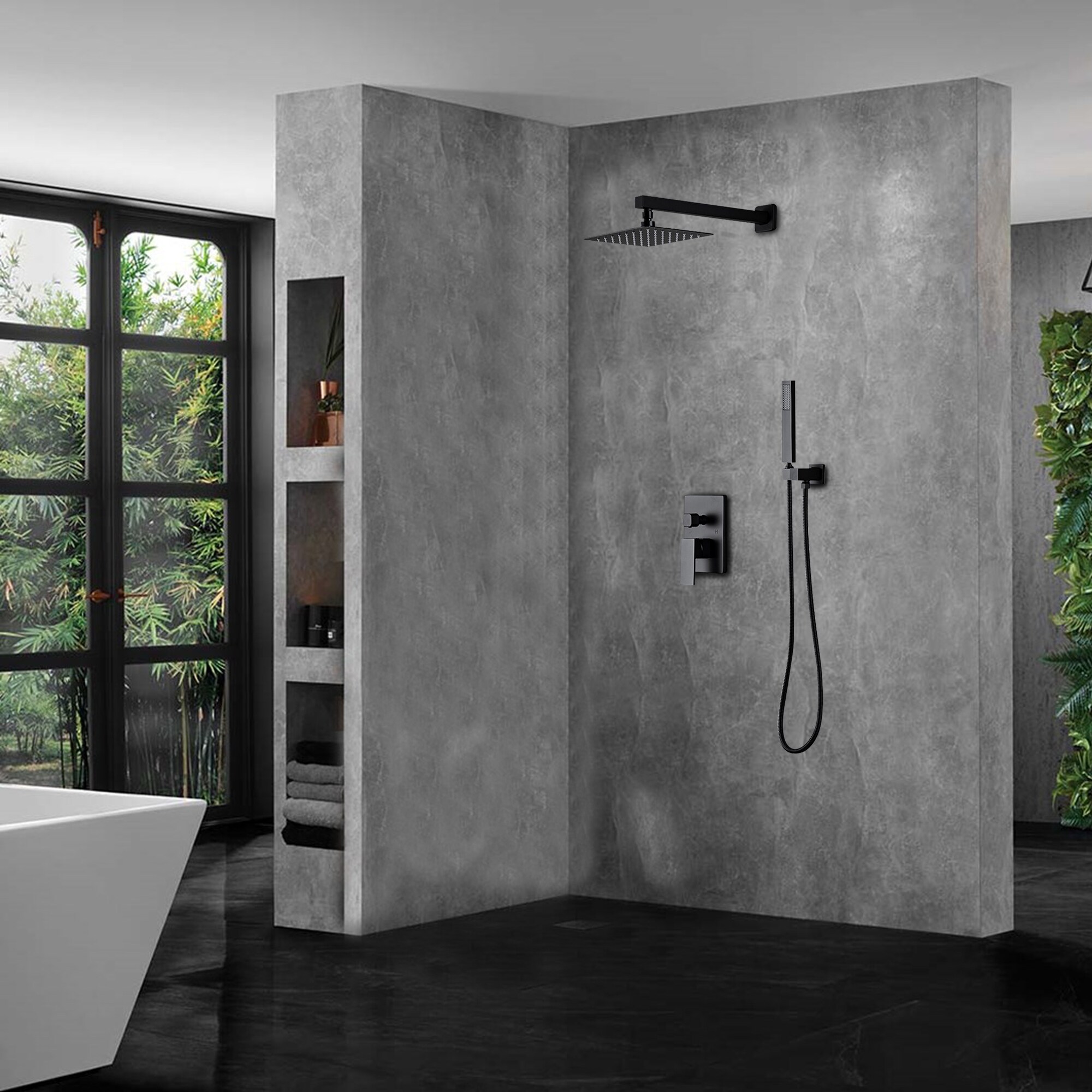 Wellfor Concealed Valve Showers System Matte Black Dual Head Waterfall