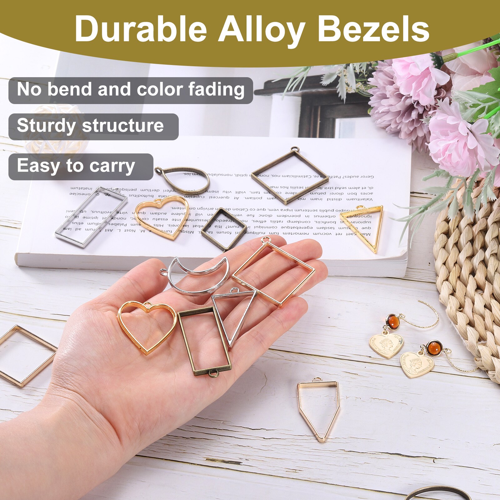 Unique Bargains 25pcs Alloy Open Bezel Pendants Rectangle Hollow Frame ...