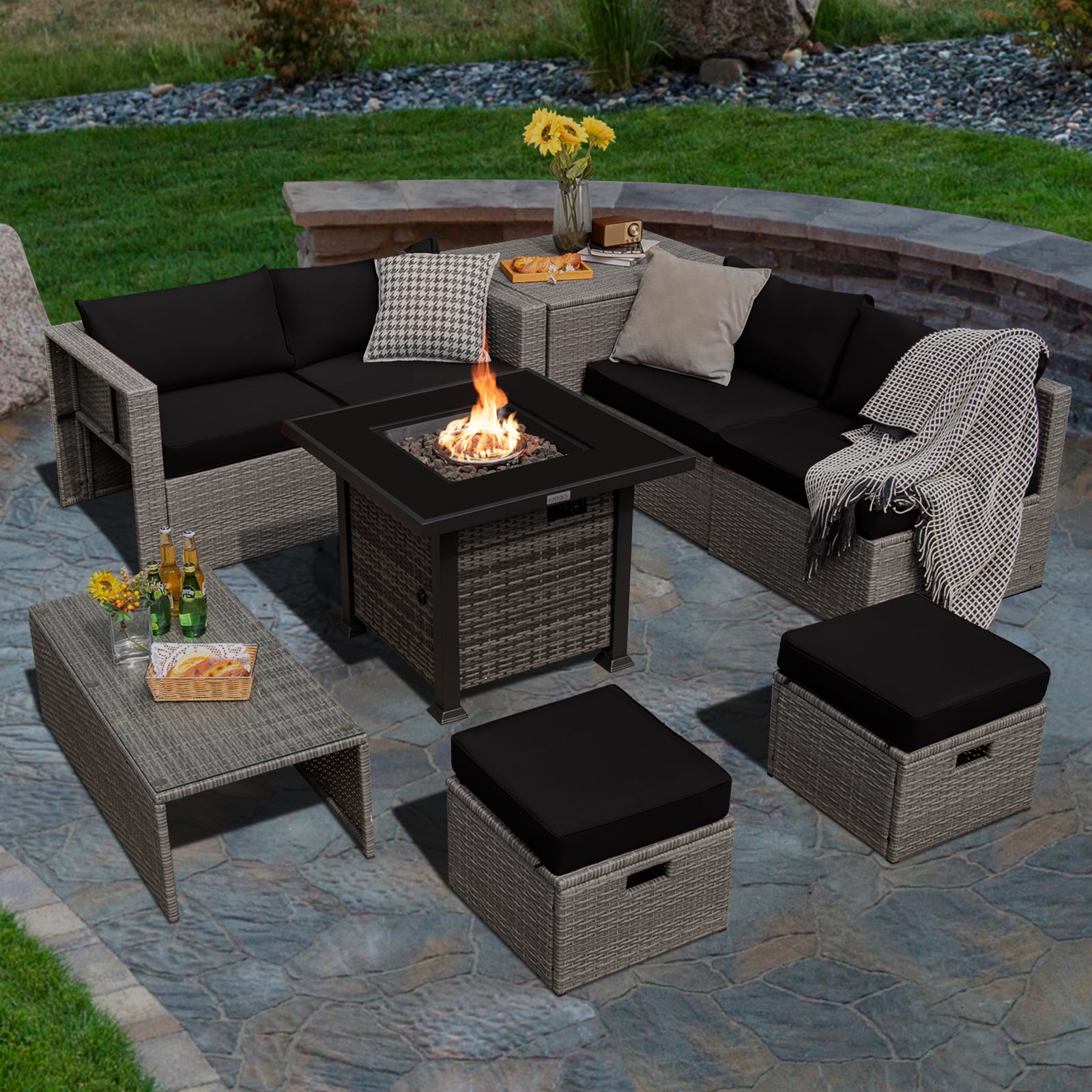 Volenca 9-Piece PE Rattan Patio Sectional Set with 32-in 50000-BTU ...