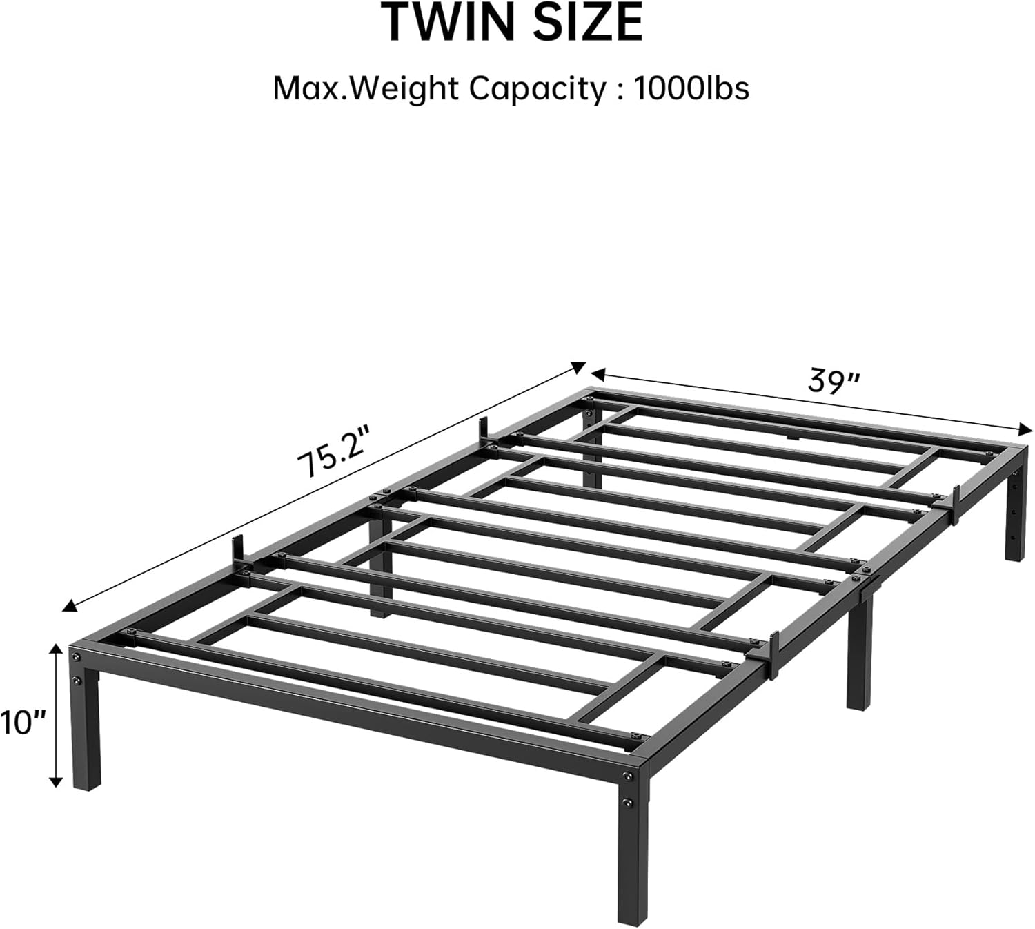 Qeetex Metal Platform Bed Frame Twin 10 Inch Black with Storage Steel ...
