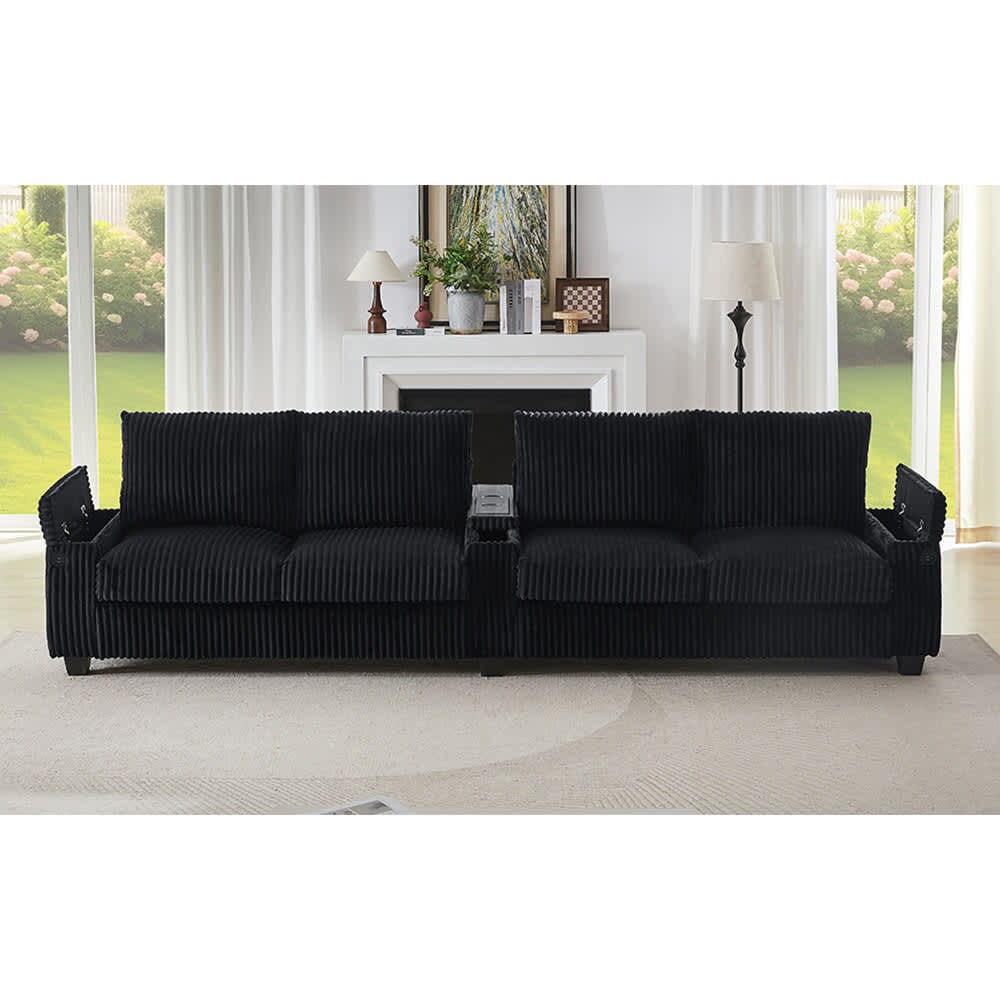 JUJABU 133in Black 4 seater Corduroy Sofa Couch Modern Sofa with USB Ports Hidden Storage Arms ...