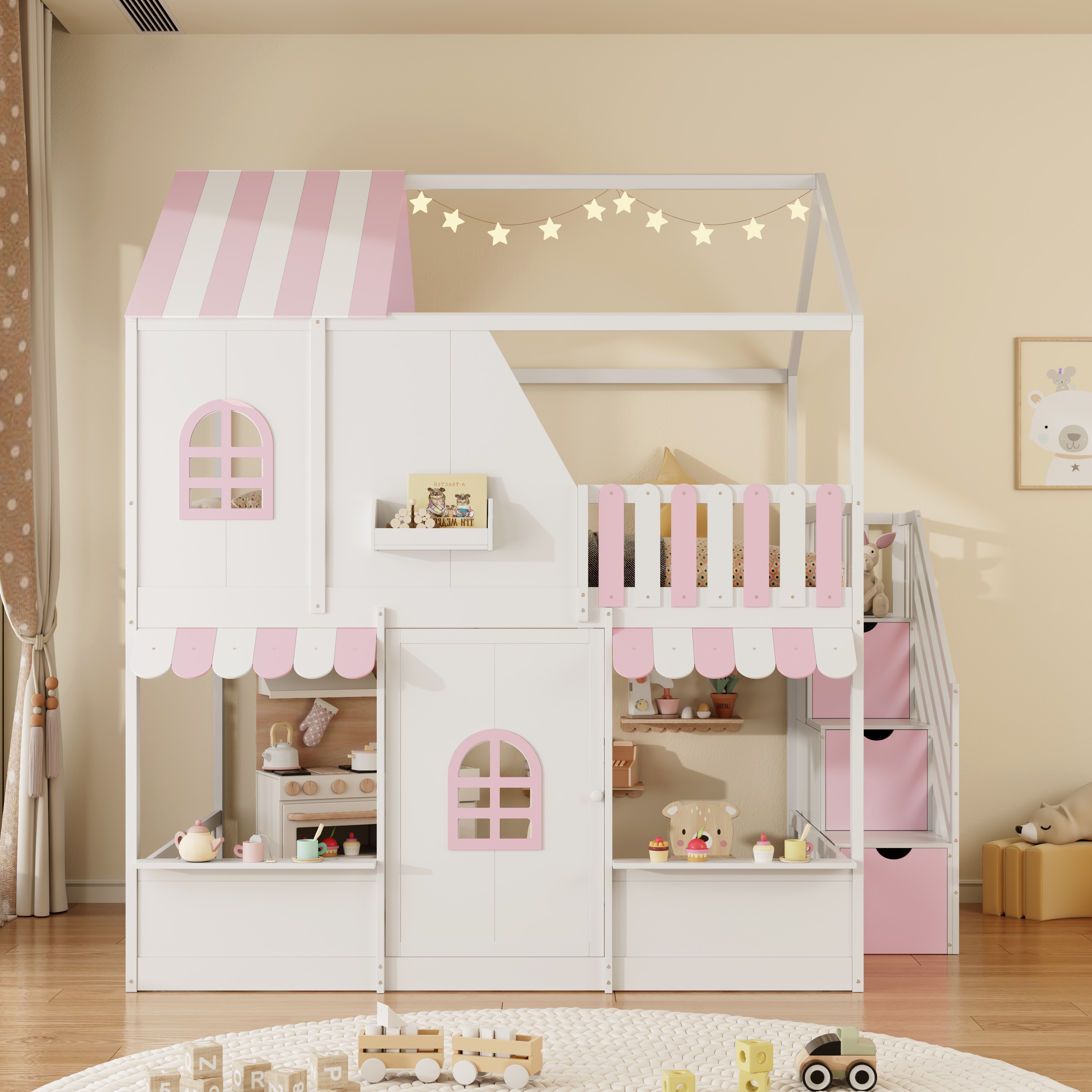 ModernLuxe Assembly Required Full Over Full House Bunk Bed with Storage ...