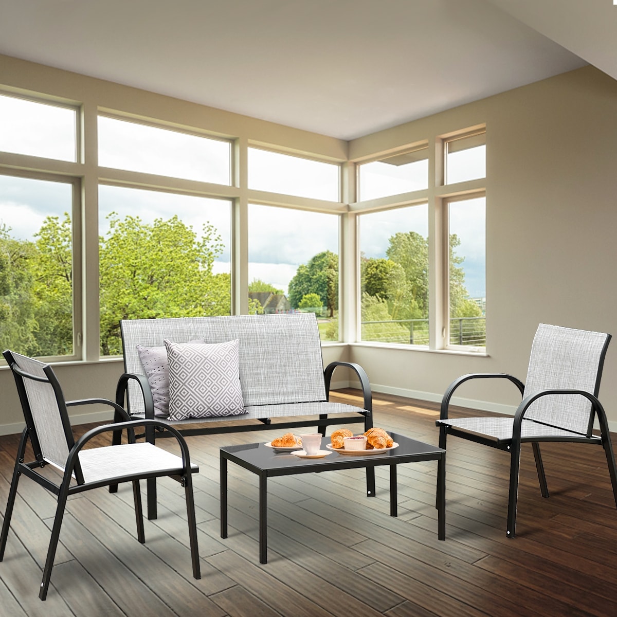CALVON Patio Furniture Set 4 -Piece Patio Conversation Set with Gray in ...
