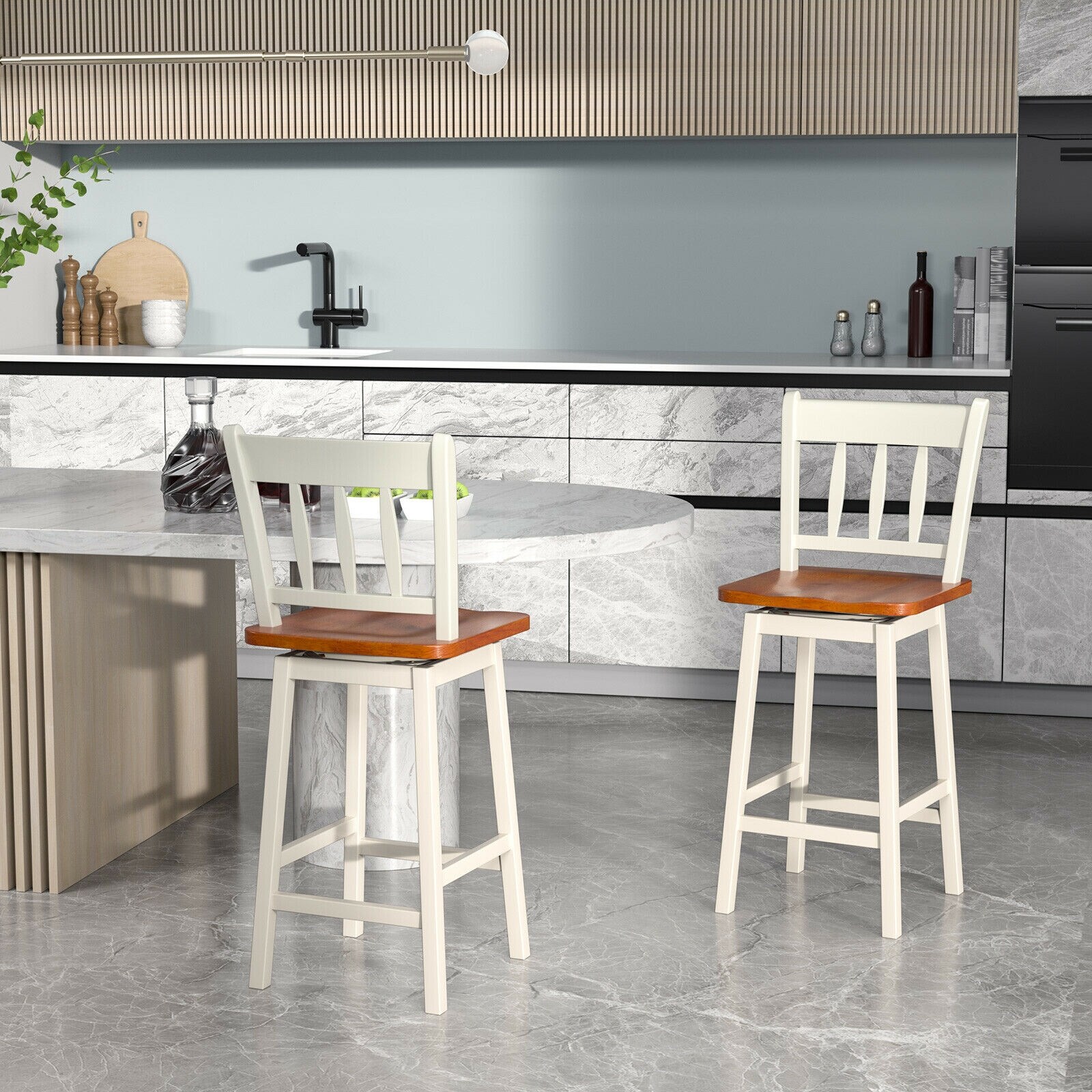 Volenca Set of 2 Swivel Counter Bar Stools Rubber Wood Frame 24.5-in ...