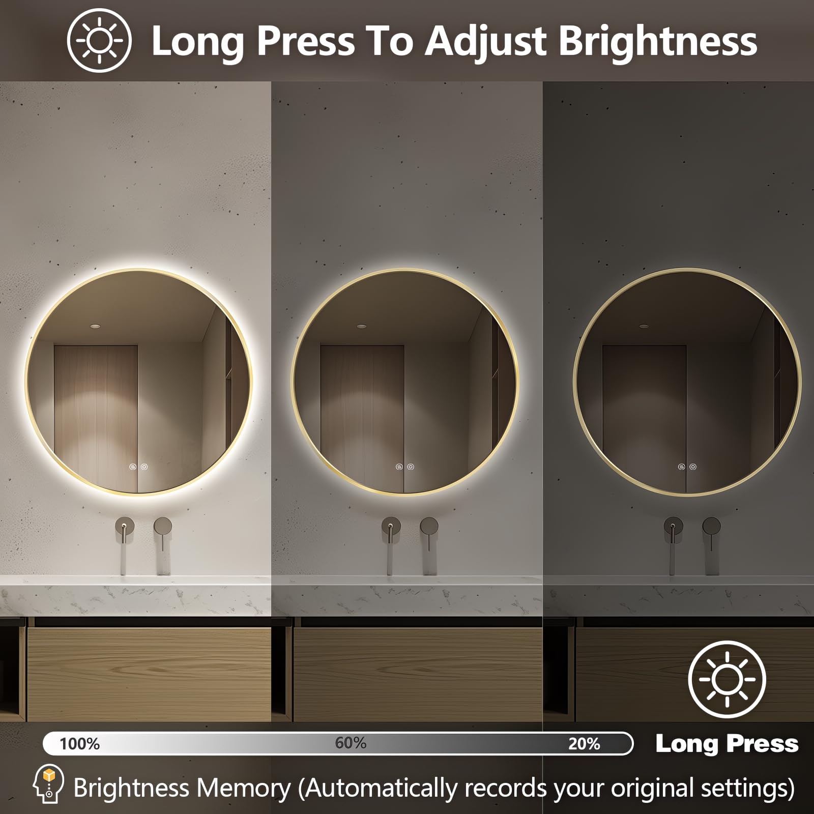 OMOMMD Round LED Bathroom Mirror 24 Inch Backlit Wall Circle Lighted ...