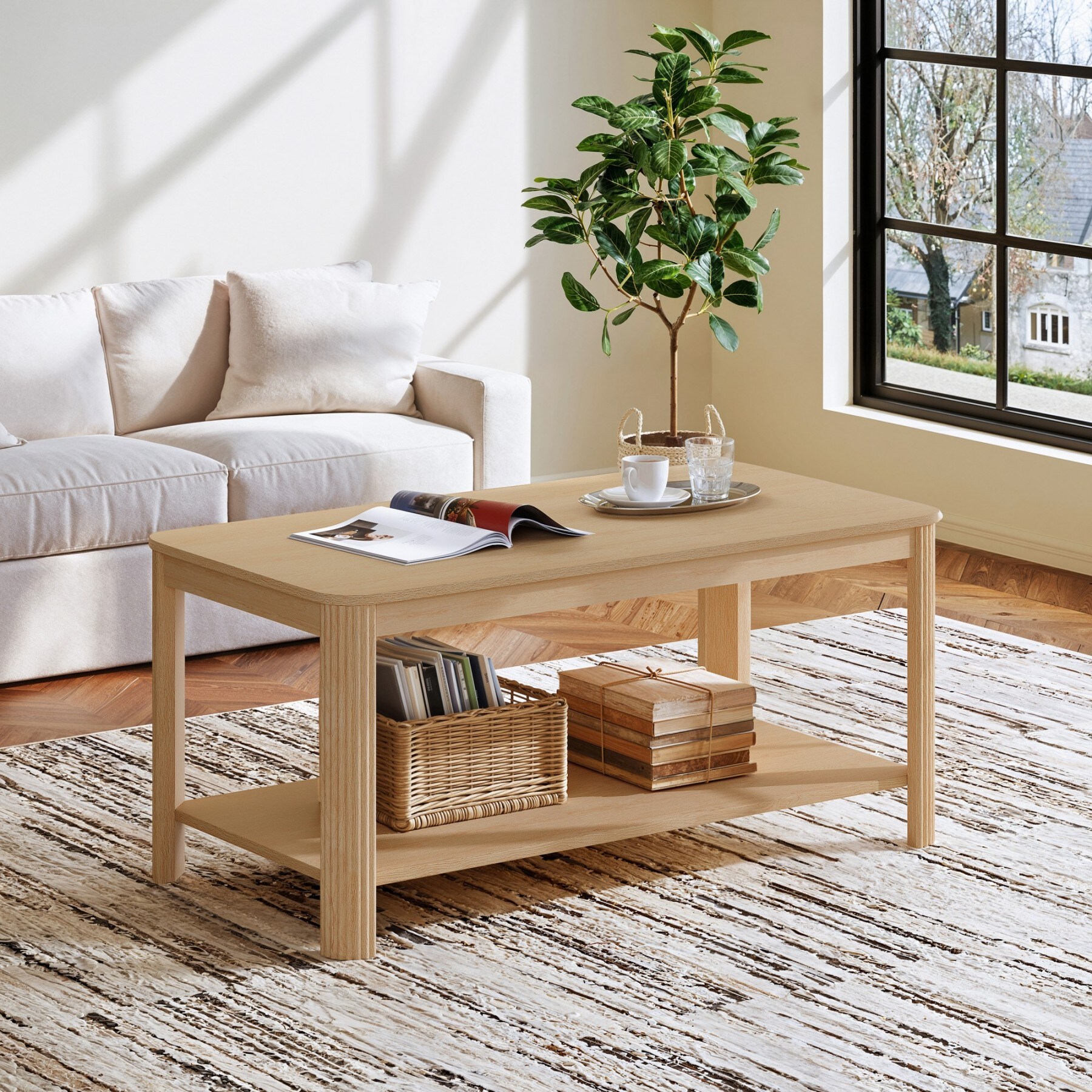 YOSIMFUR Arc Corner Wood Coffee Table with Storage Shelf Vertical Wave ...