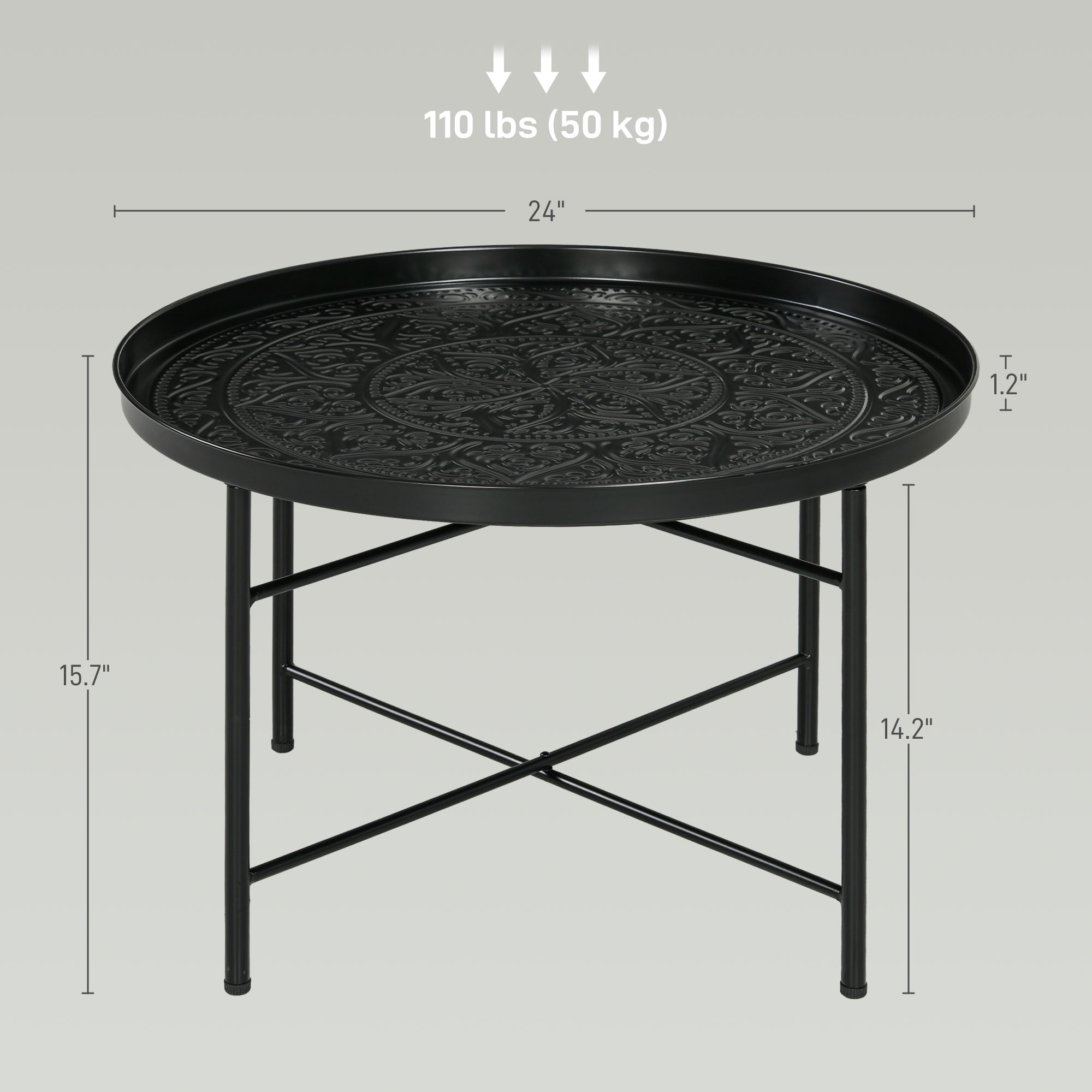 Tinyhomie 24Inch Round Coffee Table with Hammered Tray Top Vintage ...