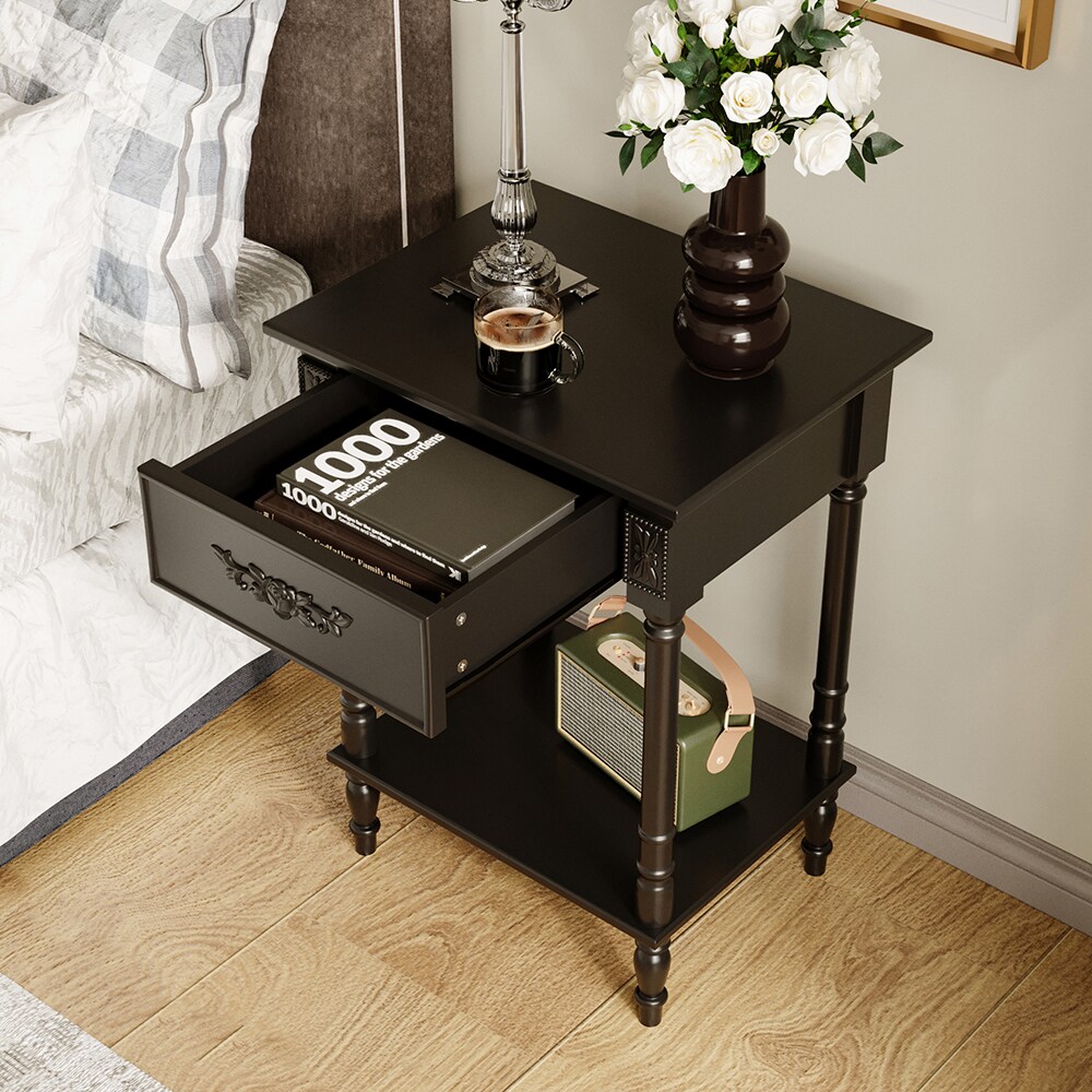 Homsee Modern Black Nightstand with Drawer and Solid Wood Legs ...
