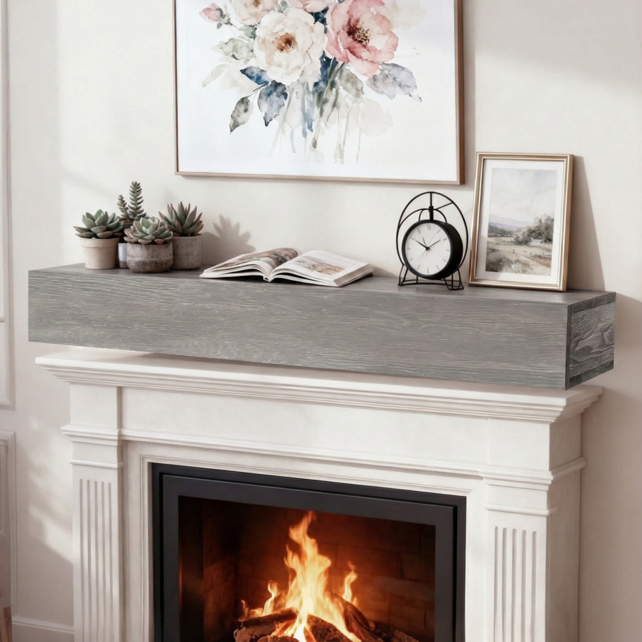 Vynxaria 72 in W x 9 in D Gray Solid Wood Rustic Fireplace Mantel ...