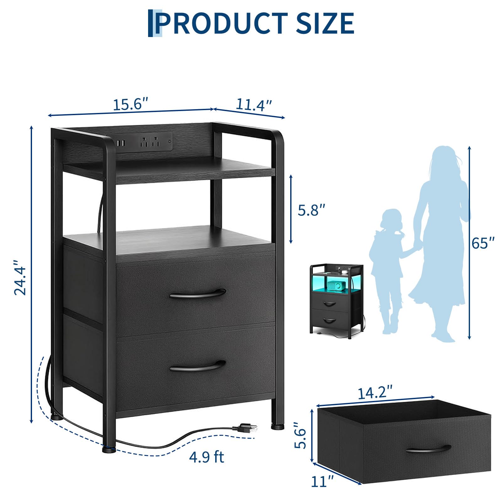 GarveeLife 3 Tier Bedside Table with Two Fabric Storage Drawers and ...