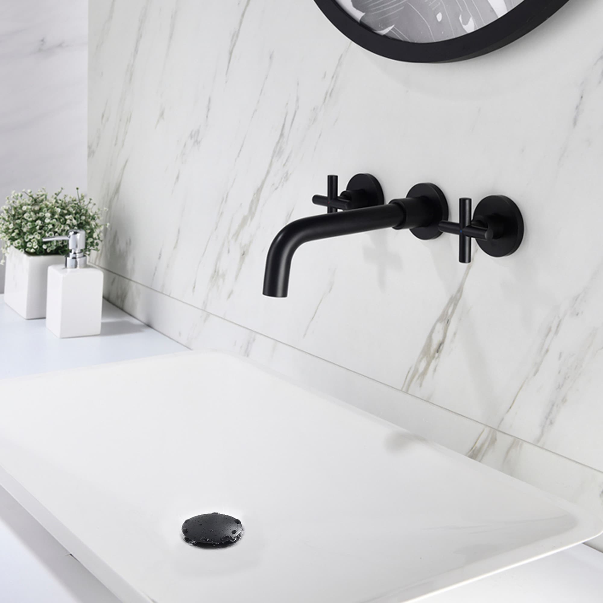 Wooakway Wall Mounted Dual Handle Bathroom Sink Faucet with Pop Up ...