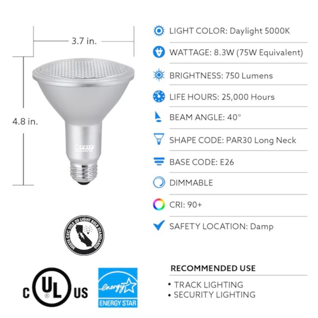 Feit Electric 50 -Watt EQ PAR30 Long Neck Warm white Medium base (E-26 ... Feit Electric 50 -Watt EQ PAR30 Long Neck Warm white Medium base (E-26 ...