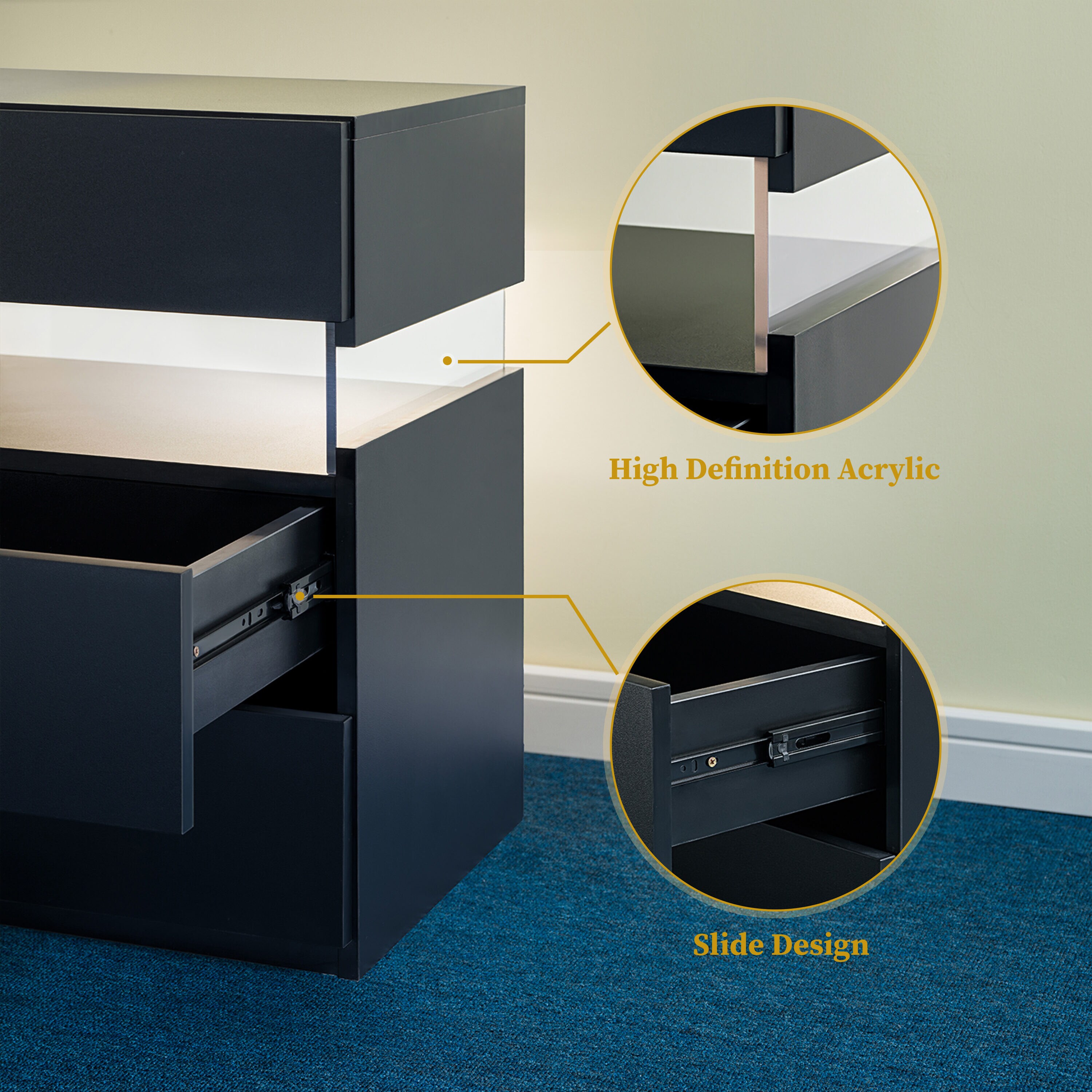 Tinyhomie LED Nightstands 3 Drawer Dresser for Bedroom End Table with ...