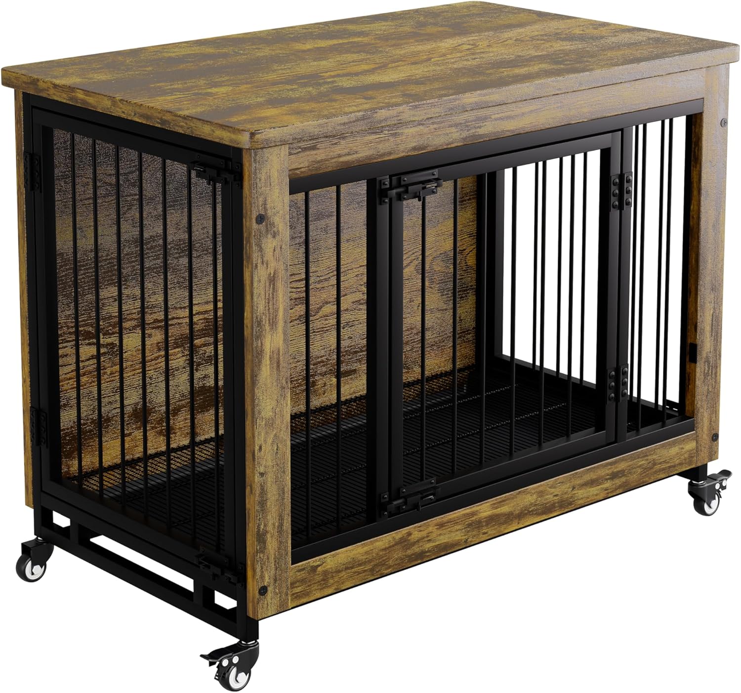 Garvee Rustic Wood Dog Crate Furniture with Three Doors and Wheels 38.6 ...