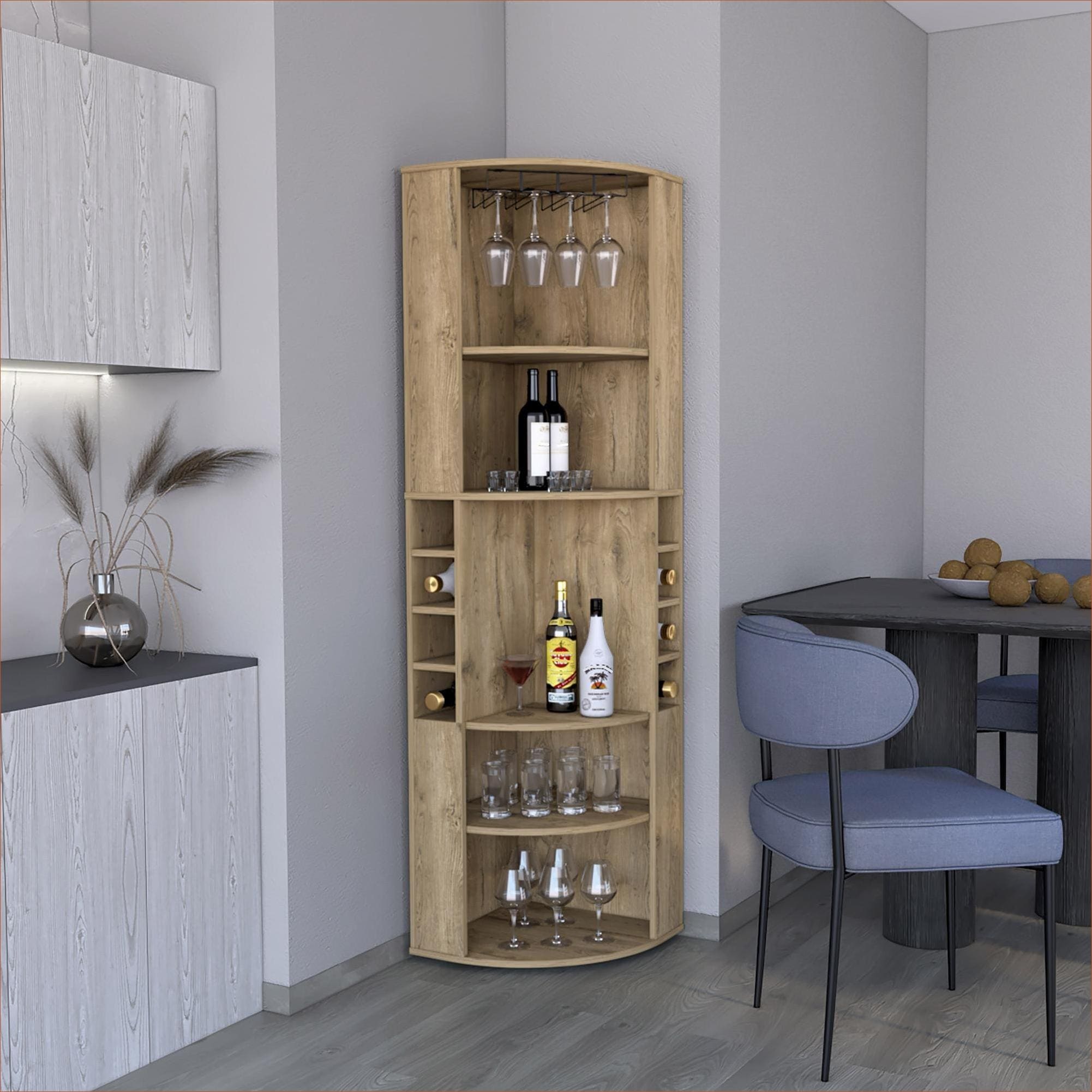 Watnature 71H Corner Bar Cabinet 5 Shelves 8 Bottle Cubbies Stemware ...
