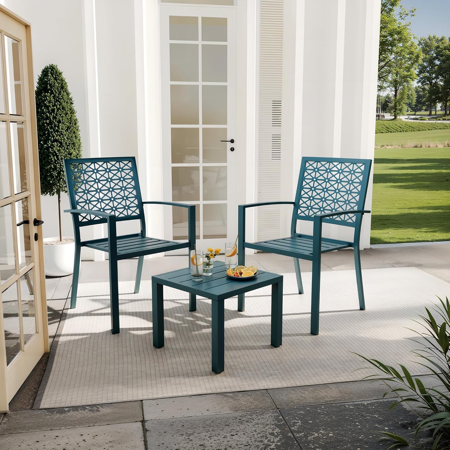 Garvee 3 Piece Outdoor Bistro Set Stackable Metal Steel Table and ...