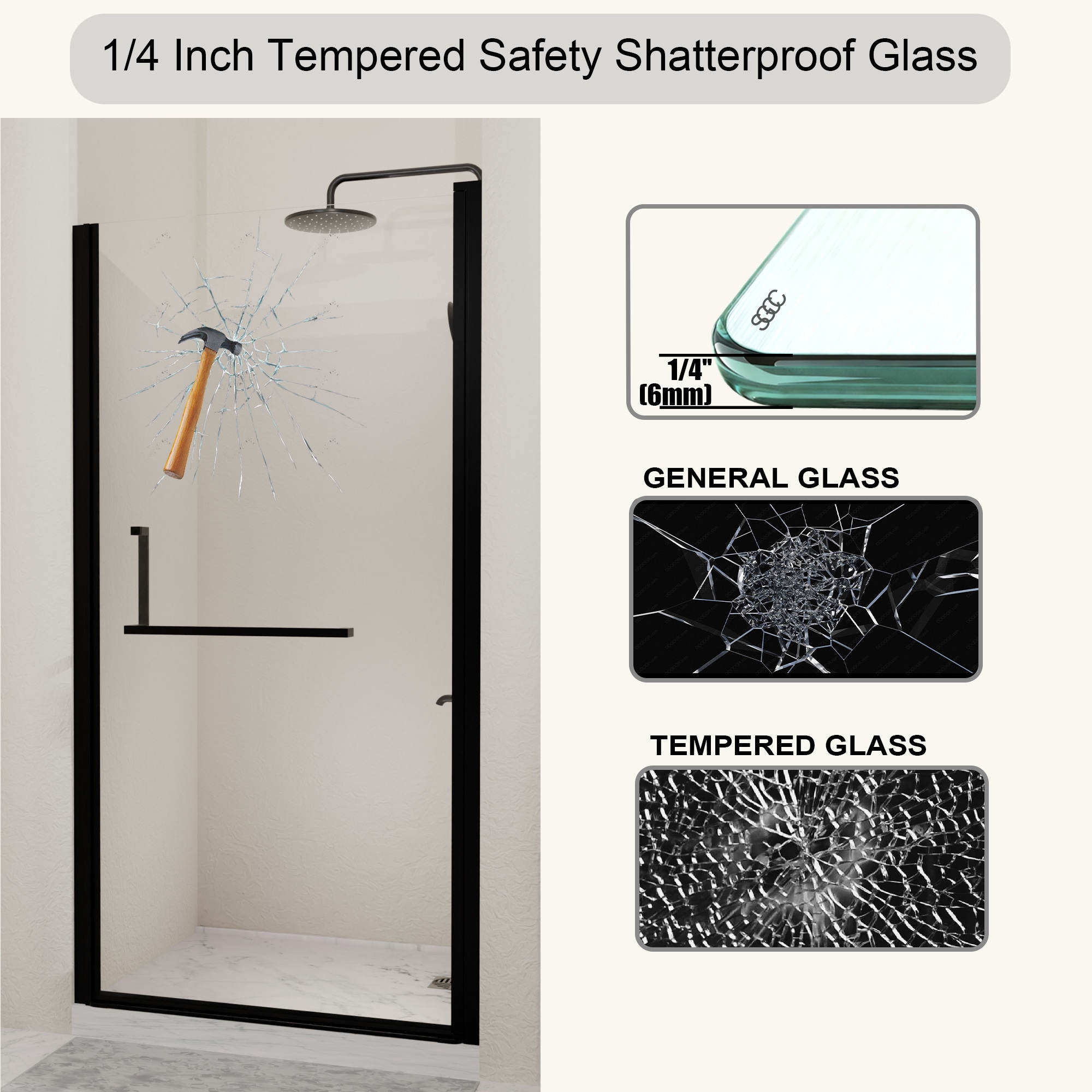 GDFStudio Semi-Frameless Pivot Shower Door Adjustable Width Magnetic ...
