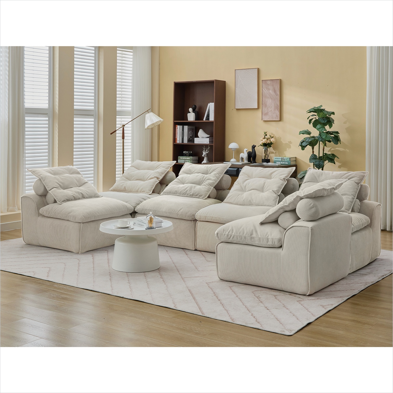 SUNCREAT Modular Upholstered Corduroy Sofa 6-Seat Armless Rectangular ...