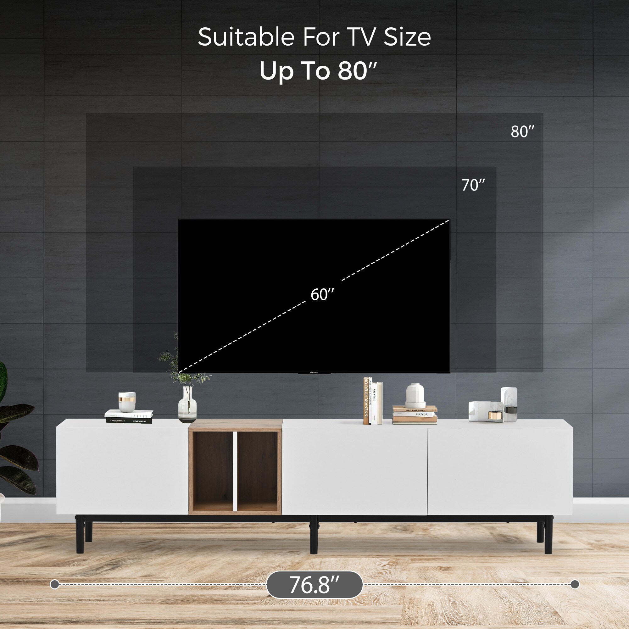 Huluwat 80 Inch Modern TV Stand with Drop Down Doors and Storage for ...