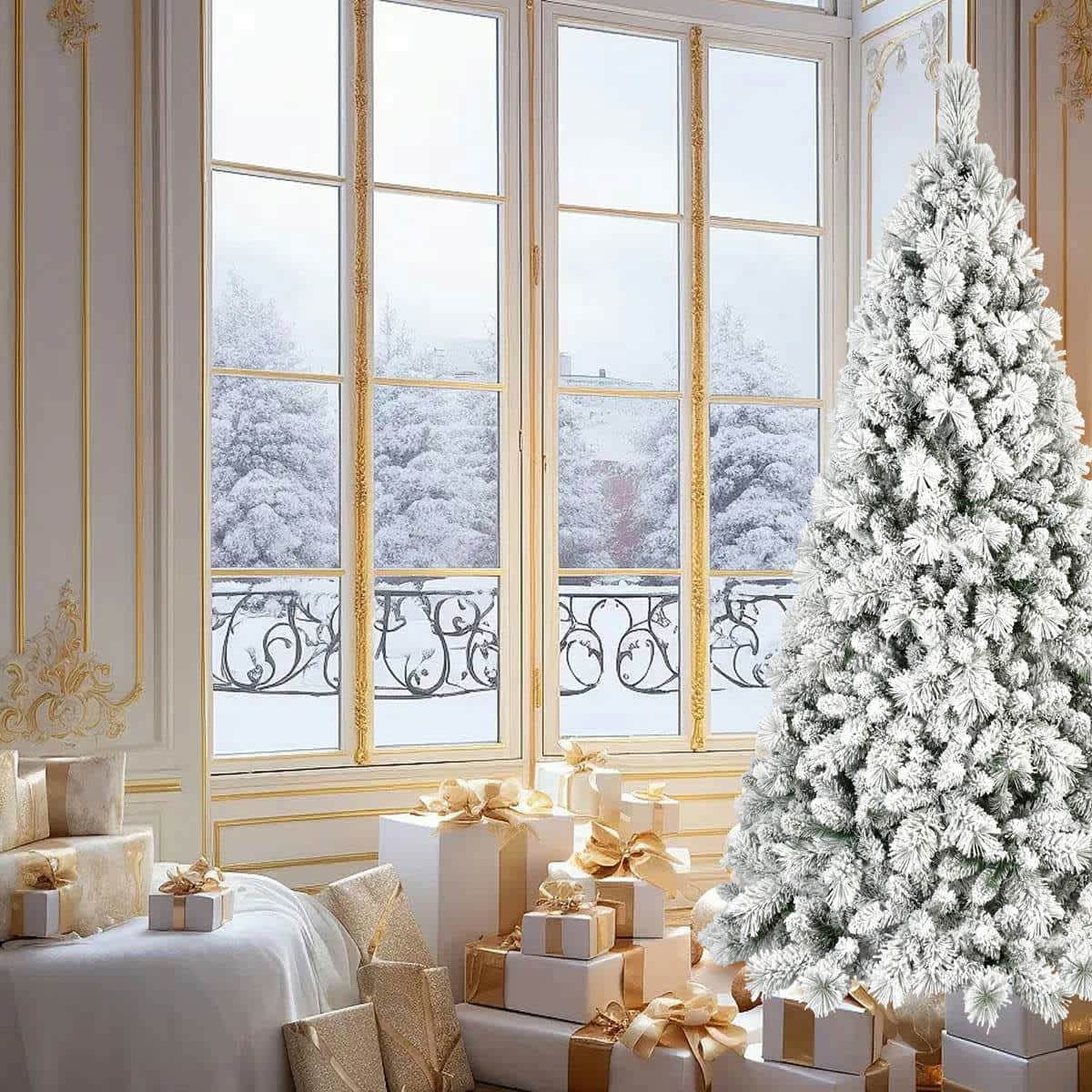 Choco Moon 5ft Snow Flocked Christmas Tree 518 Pine PVC Tips 250 Warm ...