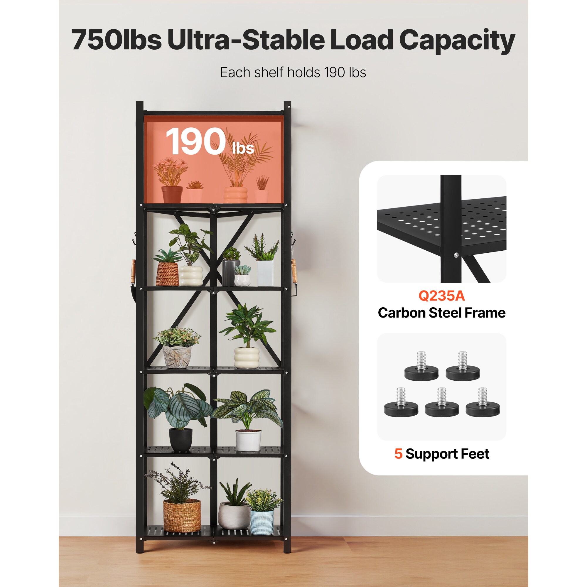 VEVOR 6-Tier Foldable Storage Shelf 24W x 12D x 72H Inch Folding Metal ...