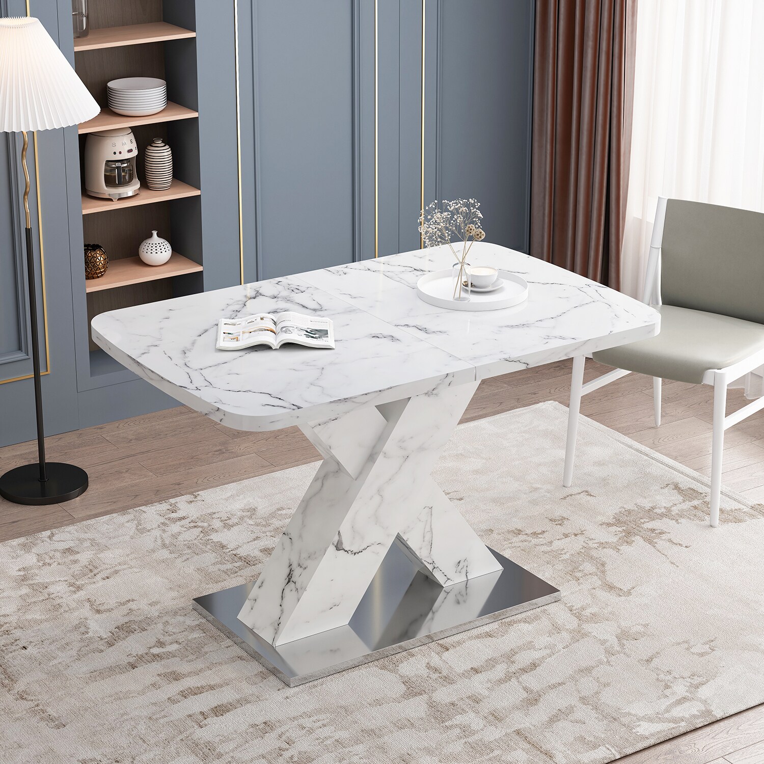 Bybafun White Casual Extending Dining Table, Faux Marble with White ...