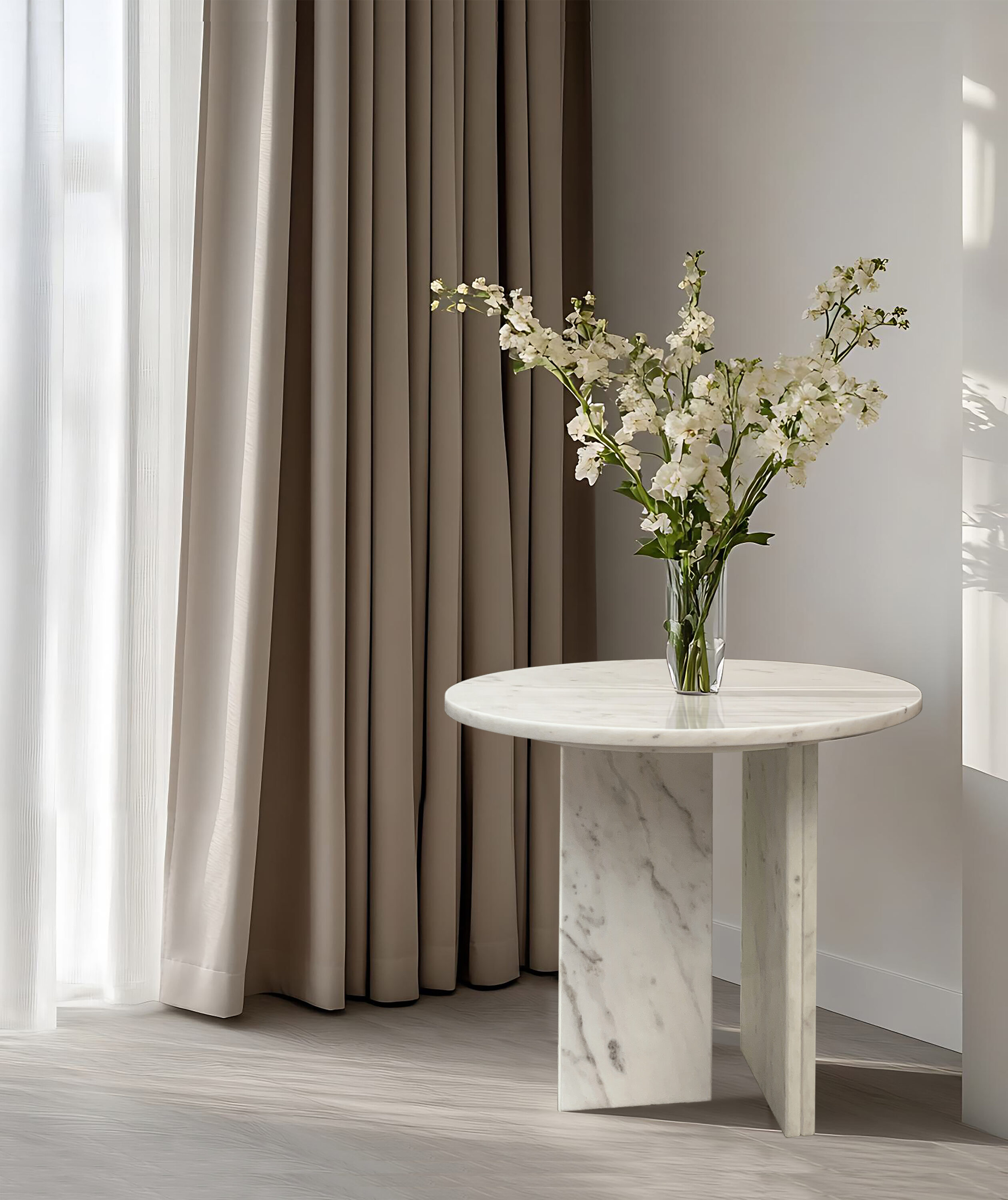 LUXEYARD White natural marble Semi-Polished Round Accent Table Side ...