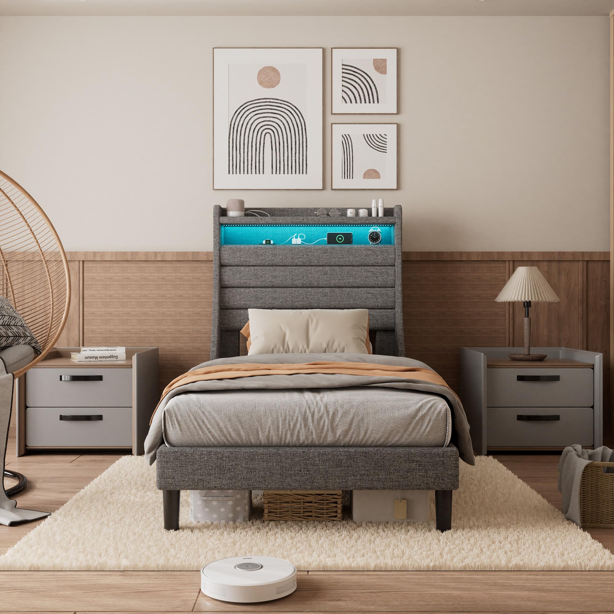 GarveeLife Bed Frame with Charging Station Platform Bed Frame with LED ...