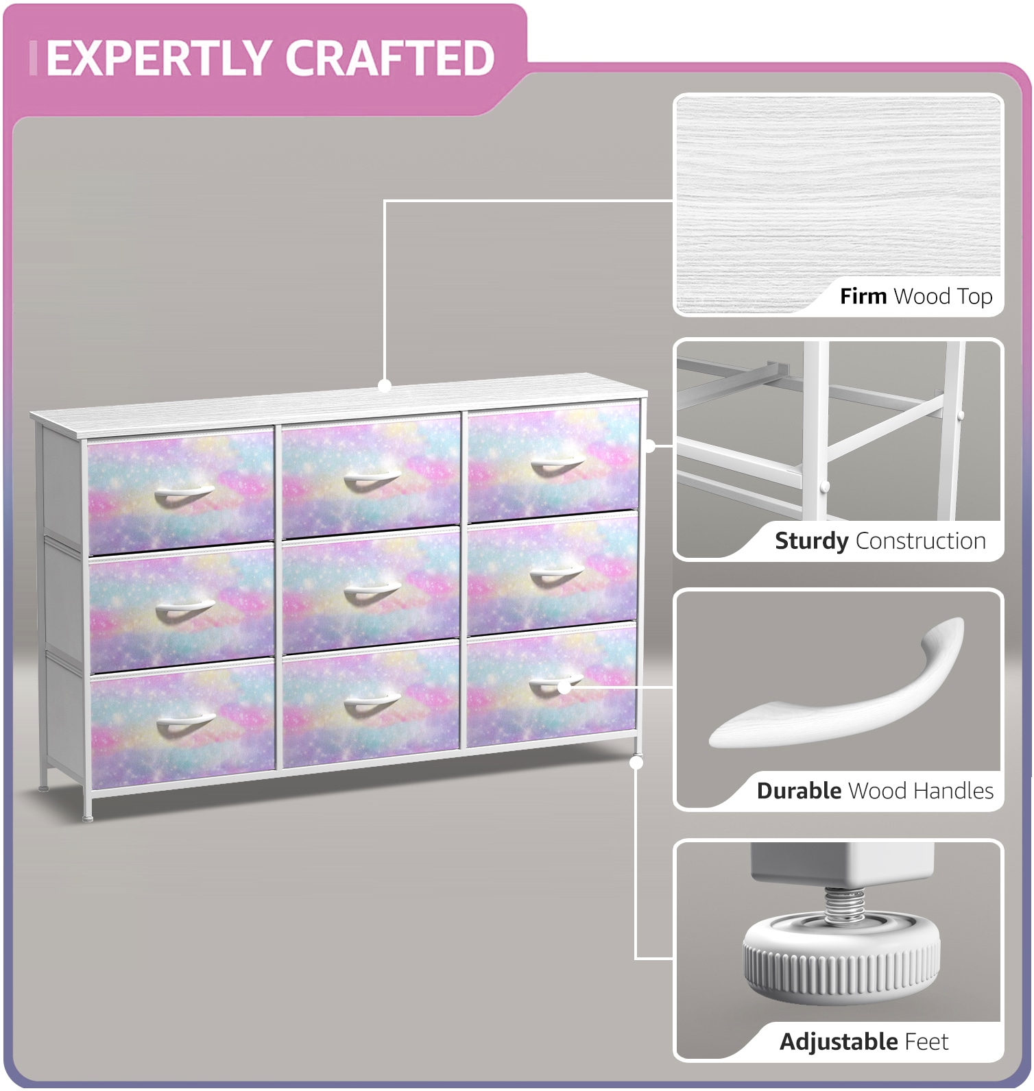 SORBUS 9 Drawers DresserStorage Unit with Steel Frame Wood Top Fabric ...