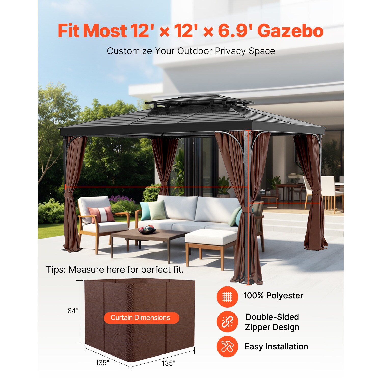 VEVOR Gazebo Curtains Outdoor 12ft x 12ft x 6.9ft Gazebos 4-Panel ...