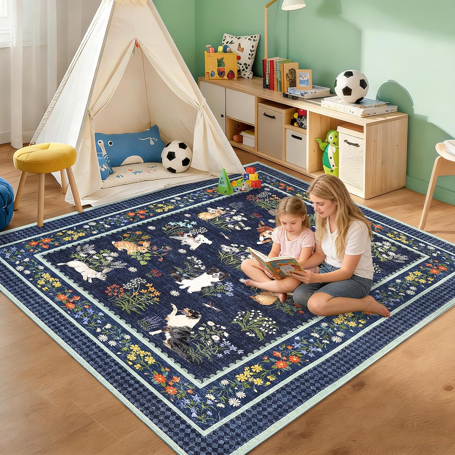 Aoile 9x12 Washable Non Slip Area Rug Farmhouse Cute Animal Floral ...
