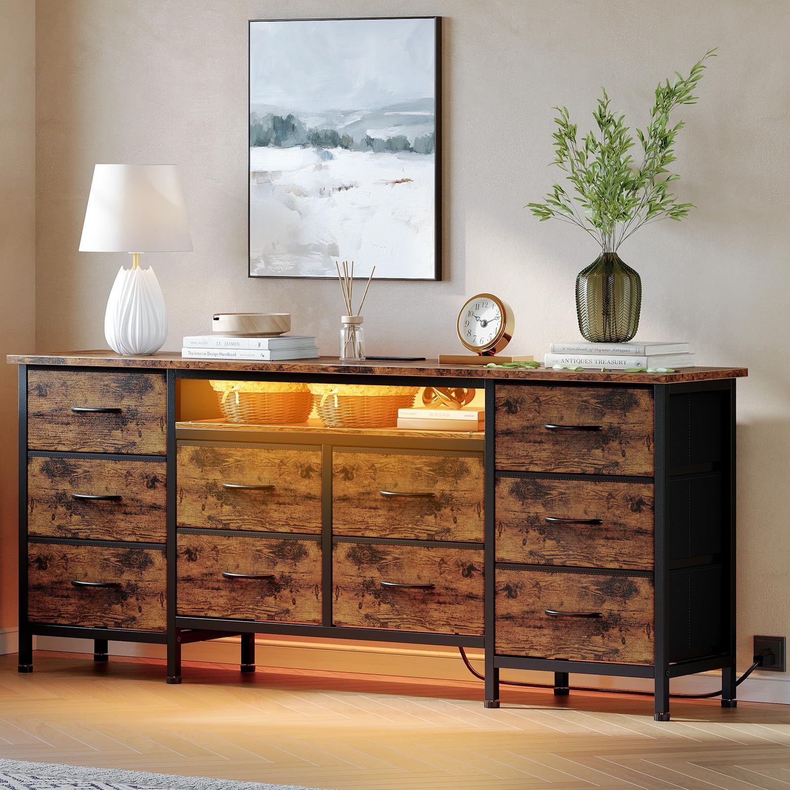 IdealHouse 63 Inch TV Stand Dresser with 10 Drawers and RGB LED Lights ...