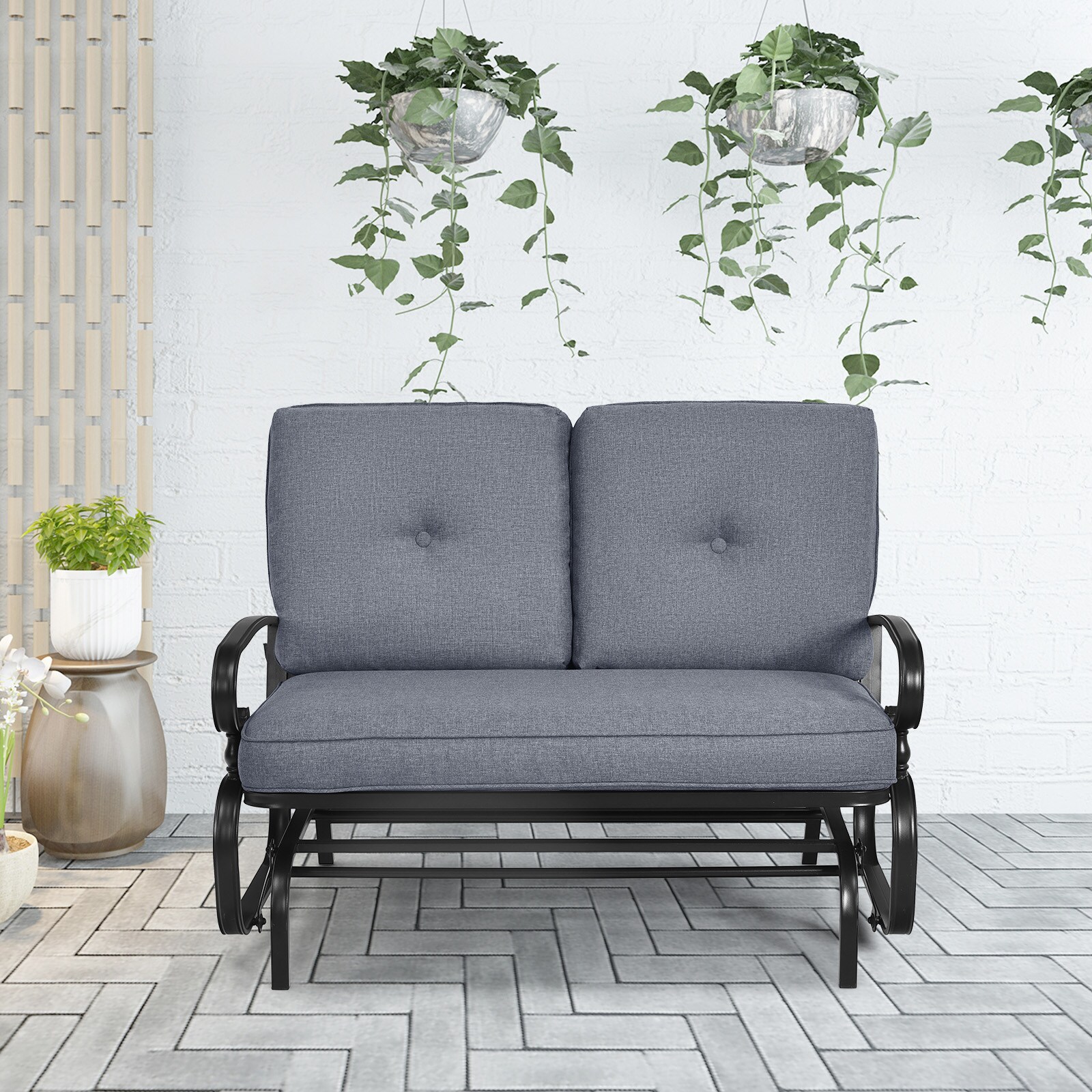 Slickblue 2-person Gray Steel Outdoor Patio Swing Glider Bench with ...