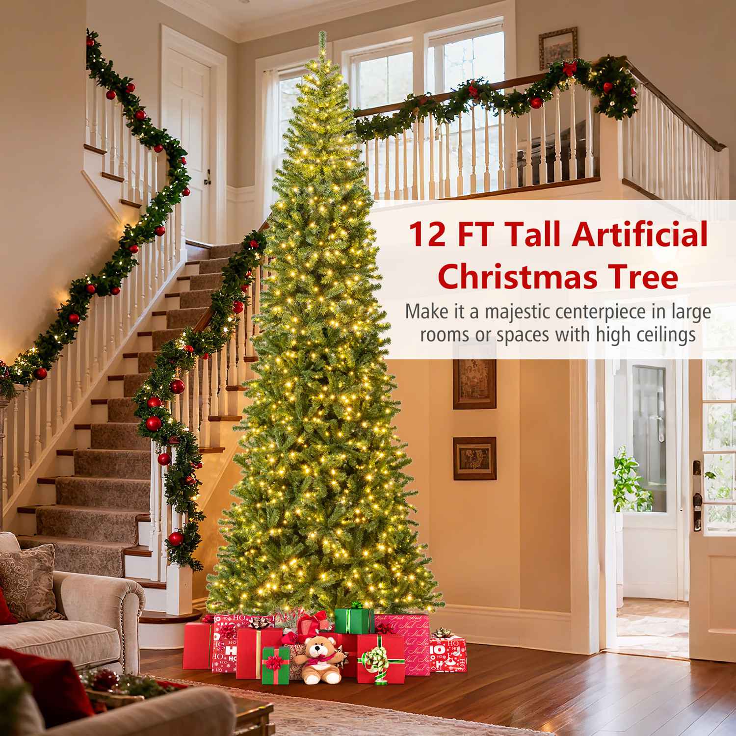 Costway 12 FT Tall Prelit Hinged Artificial Christmas Tree Quick Power ...