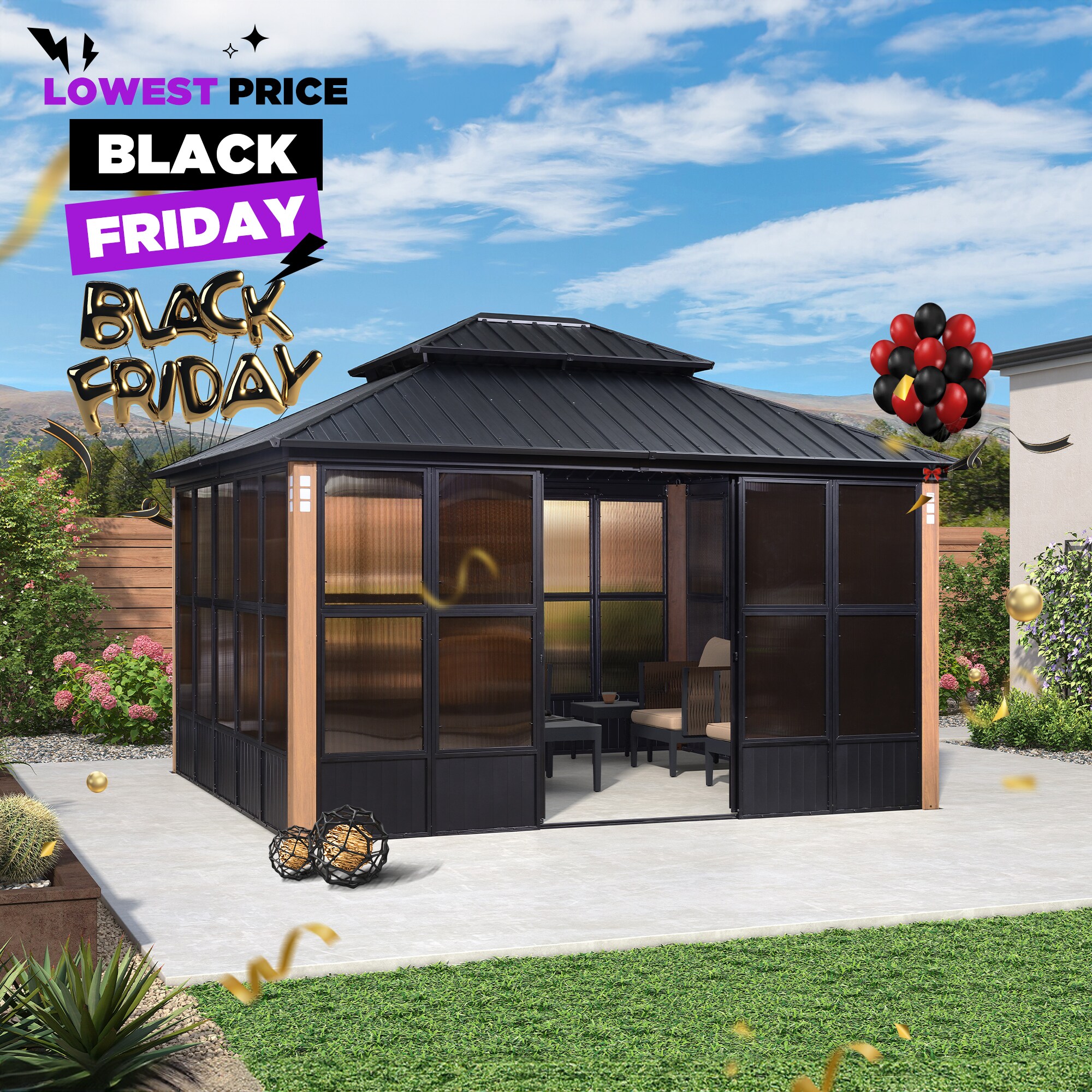 PURPLE LEAF 14-ft x 12-ft Solarium Rectangle Wood Metal Steel Roof ...