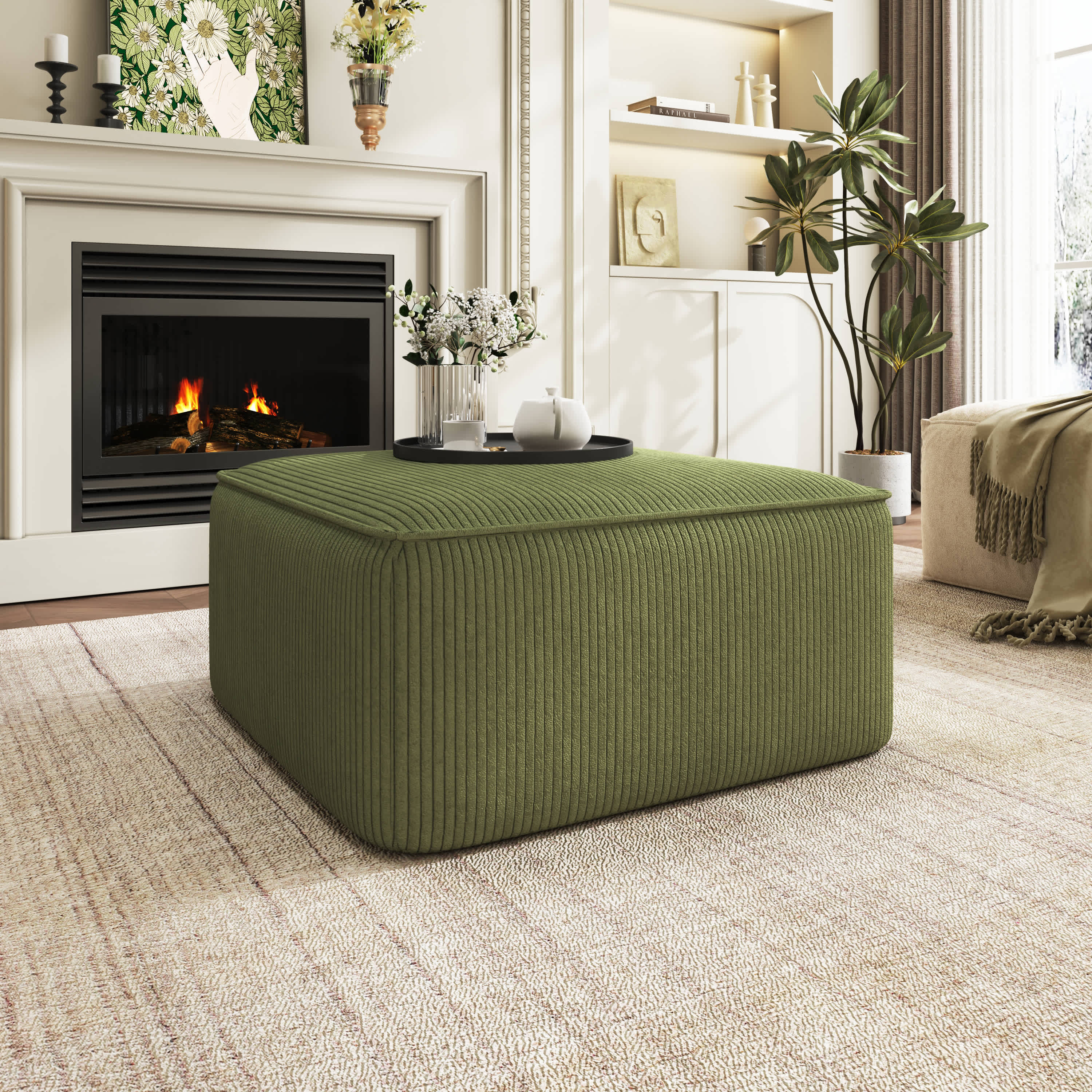 Vynxaria Modern Corduroy Square Ottoman with Dense Foam Padding and ...