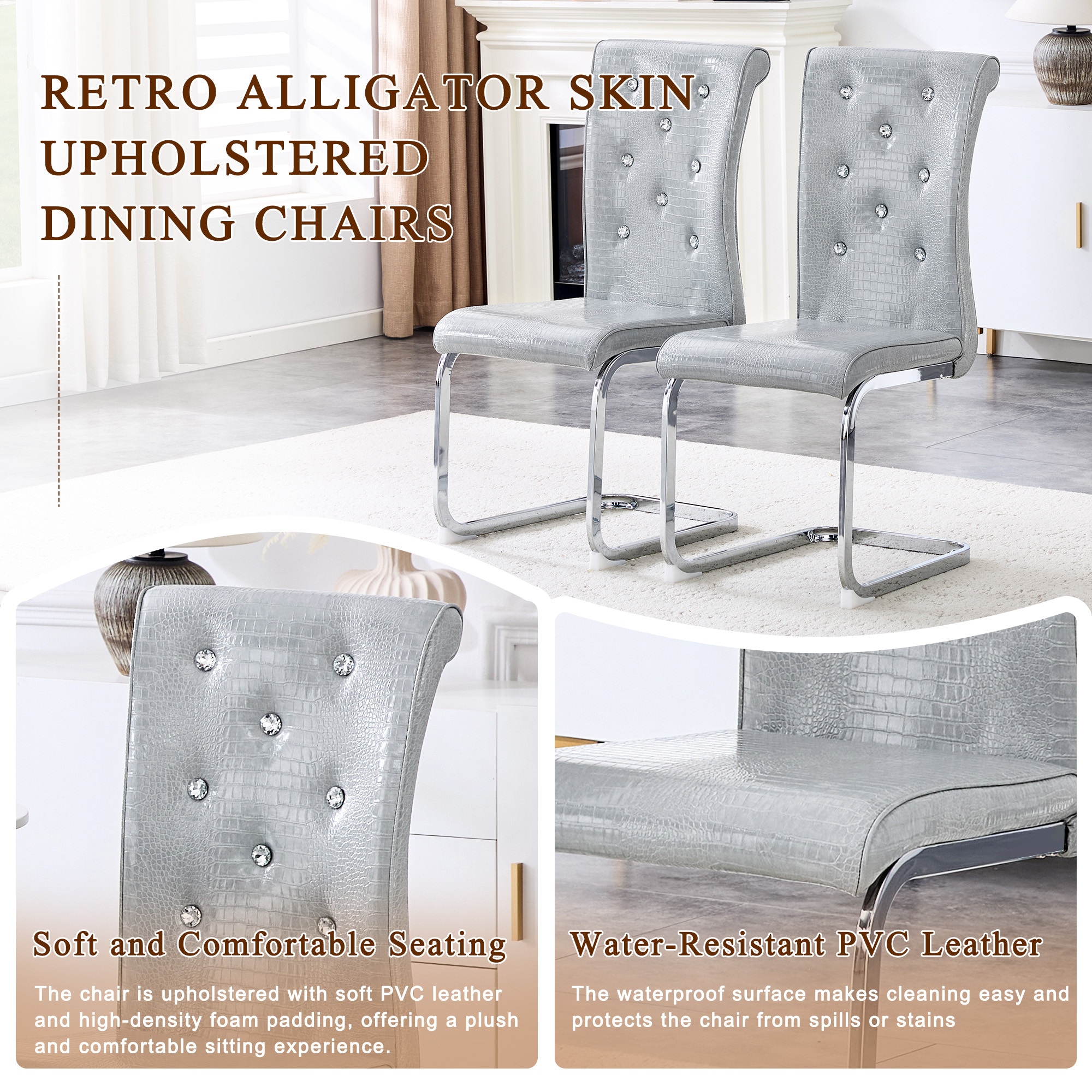 Wooakway Set of 4 Gray Retro Alligator Skin Upholstered Dining Chairs ...