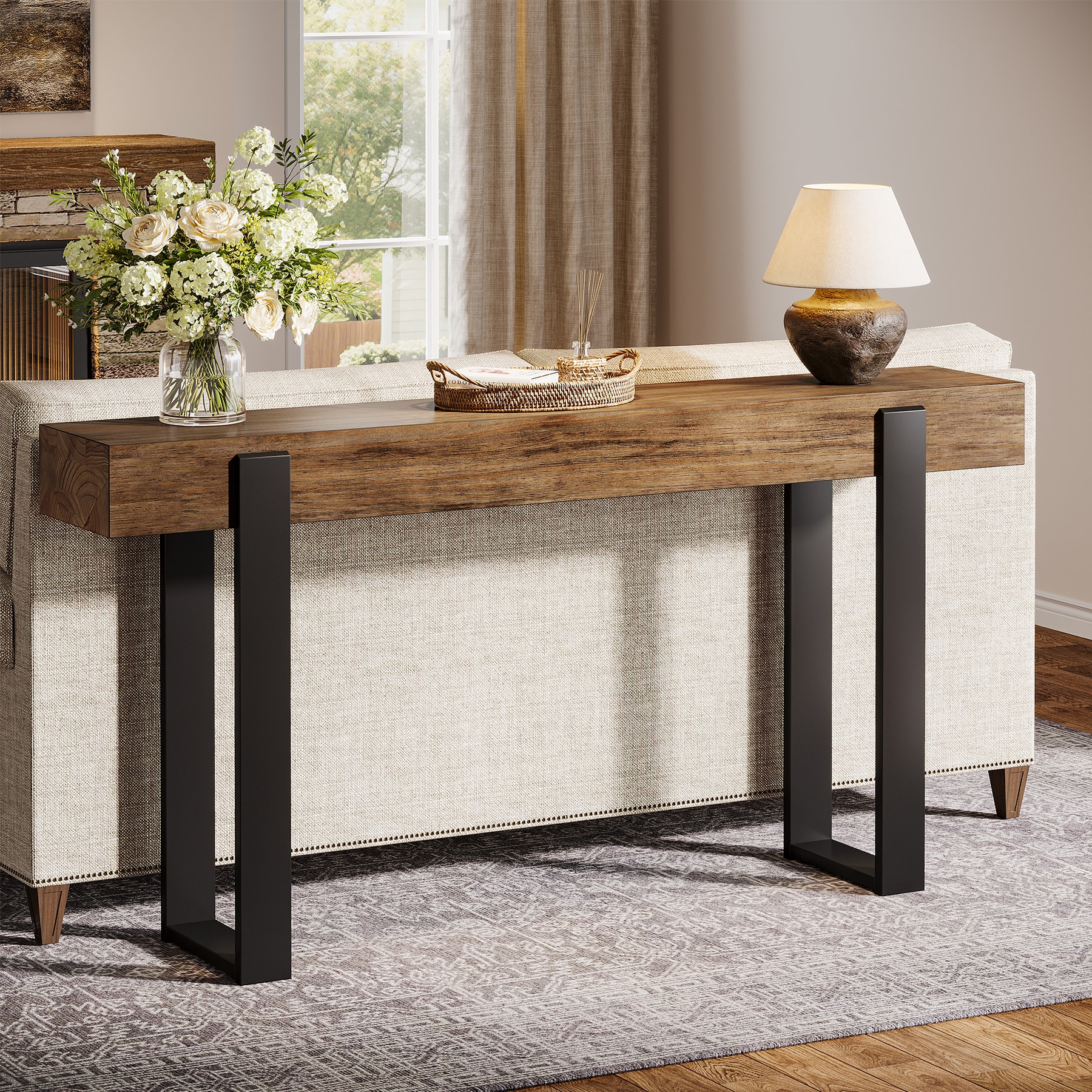 Tribesigns 63-Inch Brown and Black Long Solid Wood Sofa Console Table ...